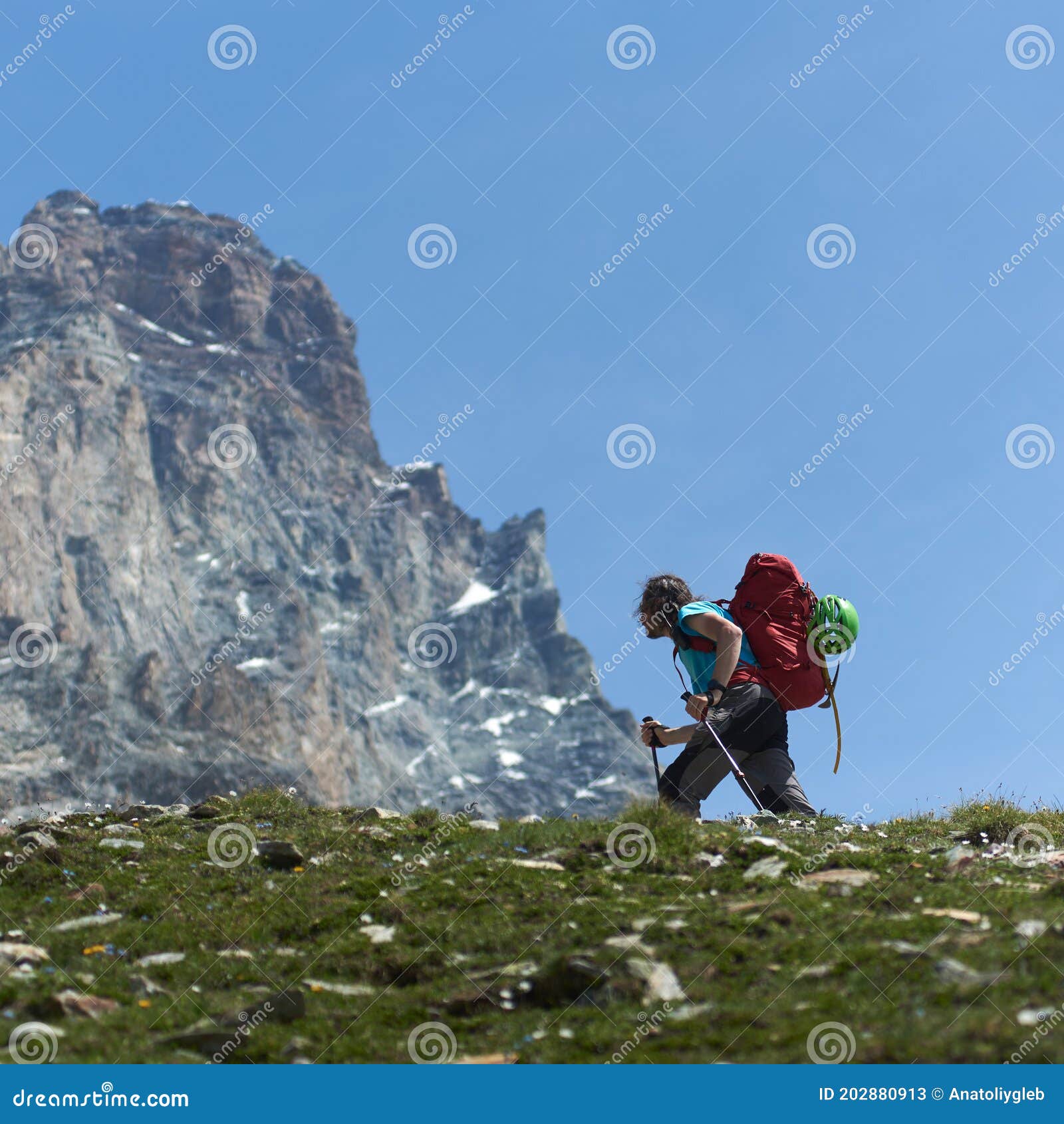 Tourist with Backpack Walking in Mountains. Stock Image - Image of ...