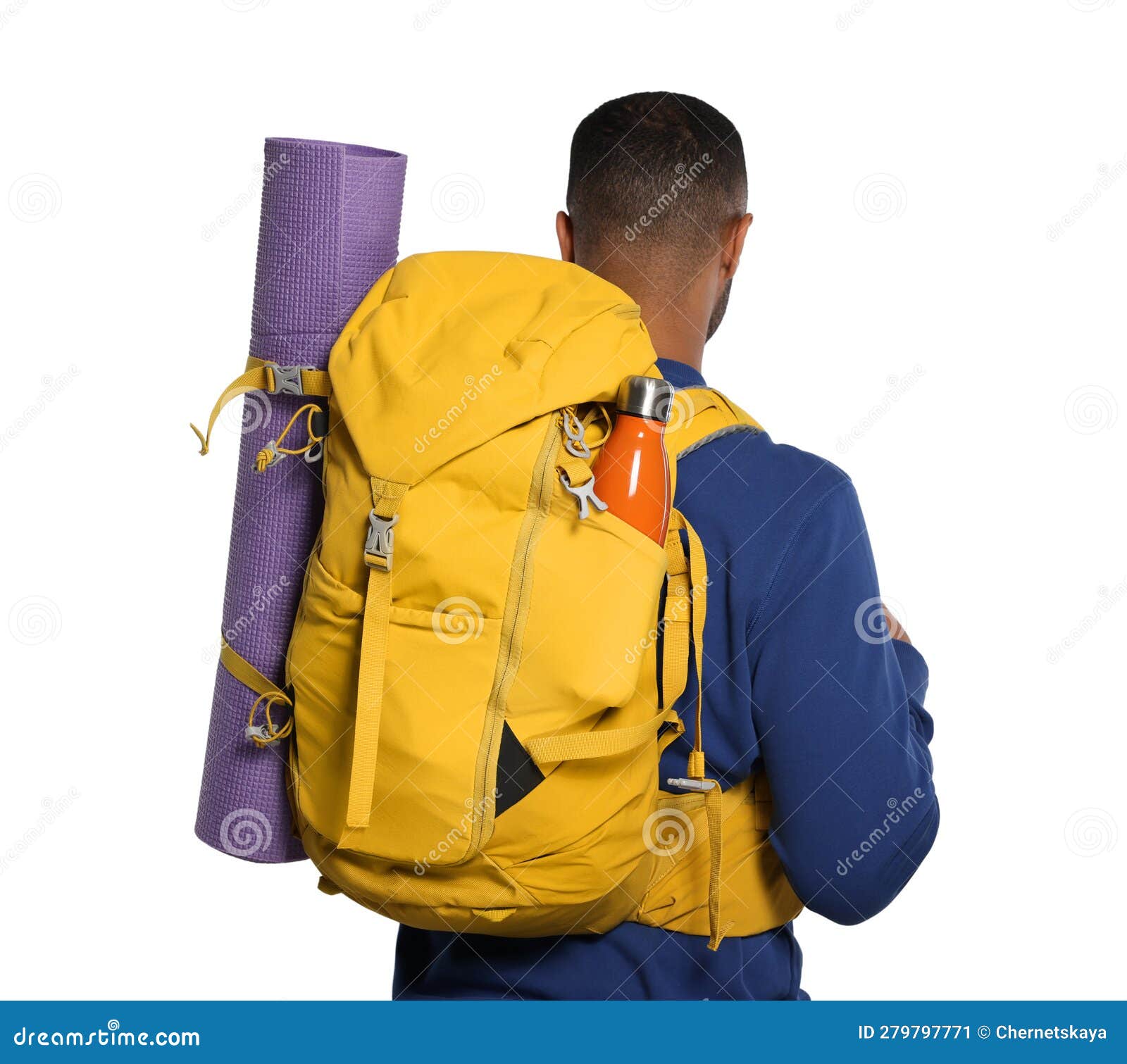 Tourist with Backpack on White Background, Back View Stock Image ...