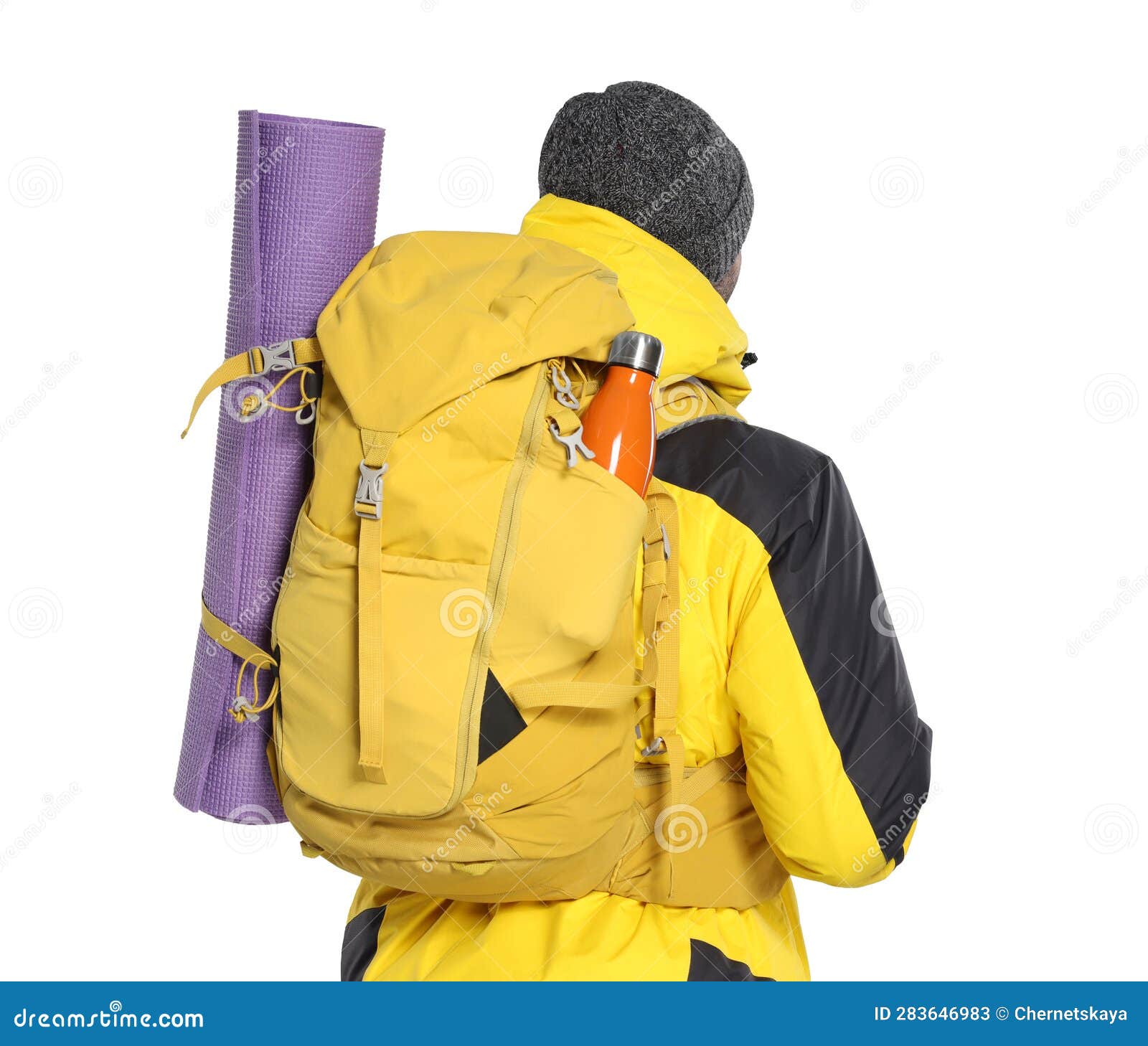 Tourist with Backpack on White Background, Back View Stock Image ...