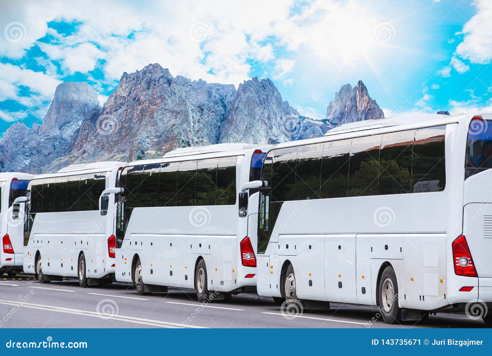 Tourist Buses on the Background of the Mountain Landscape Stock Image ...