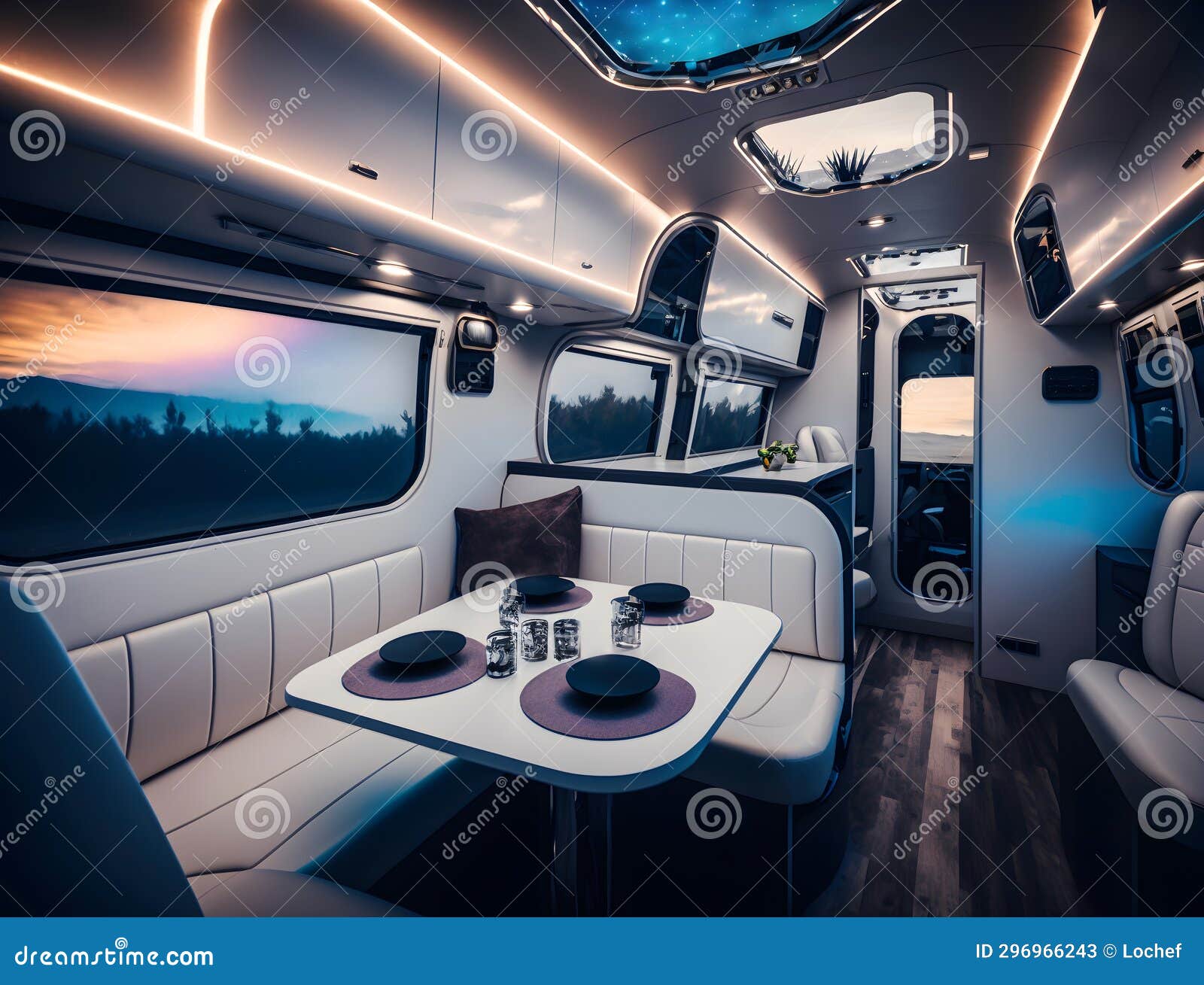 Tourist Camper Interior. Luxurious Motorhome with Kitchen and Sofas ...