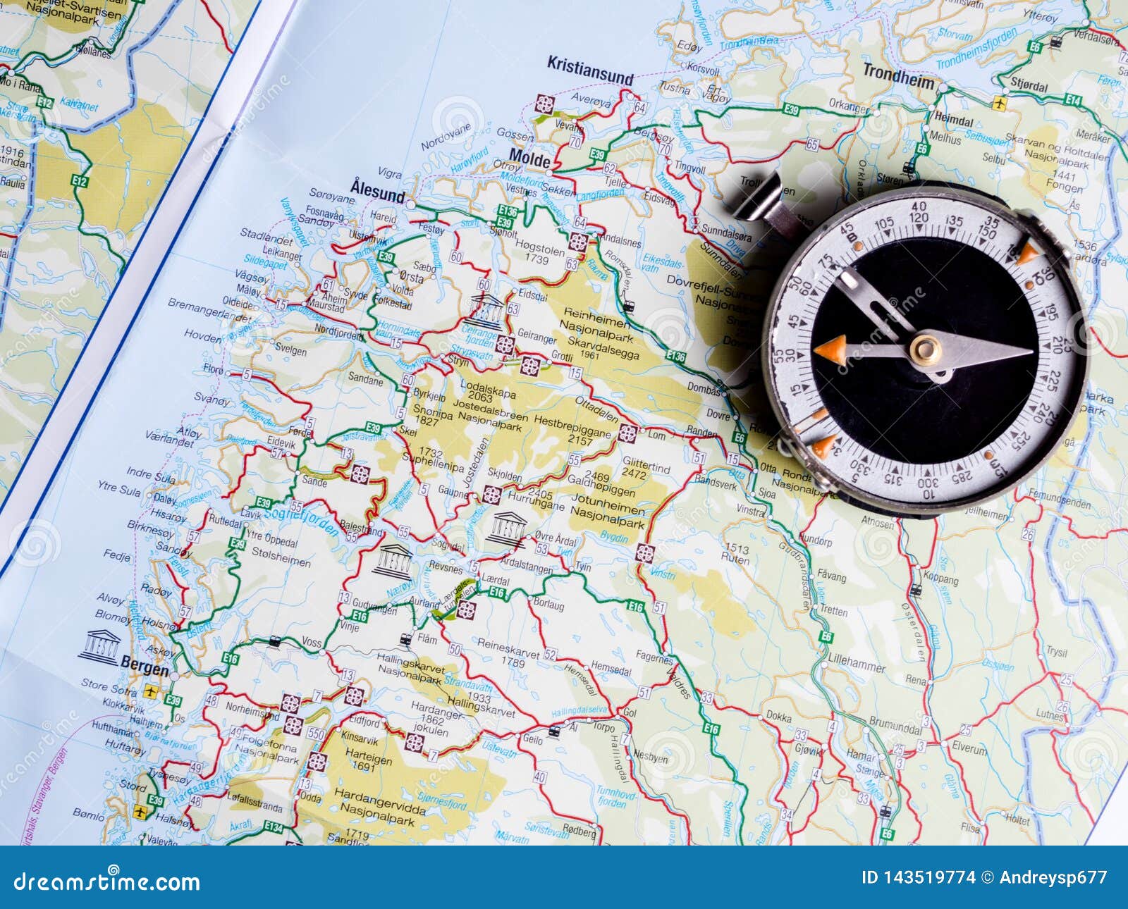 Tourist Concept. Compass and Map. Close-up Stock Photo - Image of ...