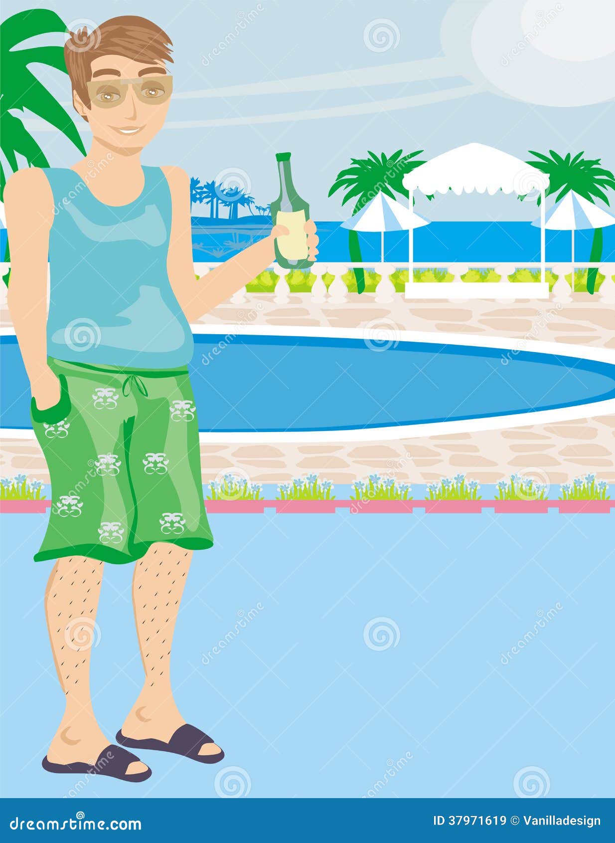Tourist Drinking Beer by the Pool Stock Vector - Illustration of ...