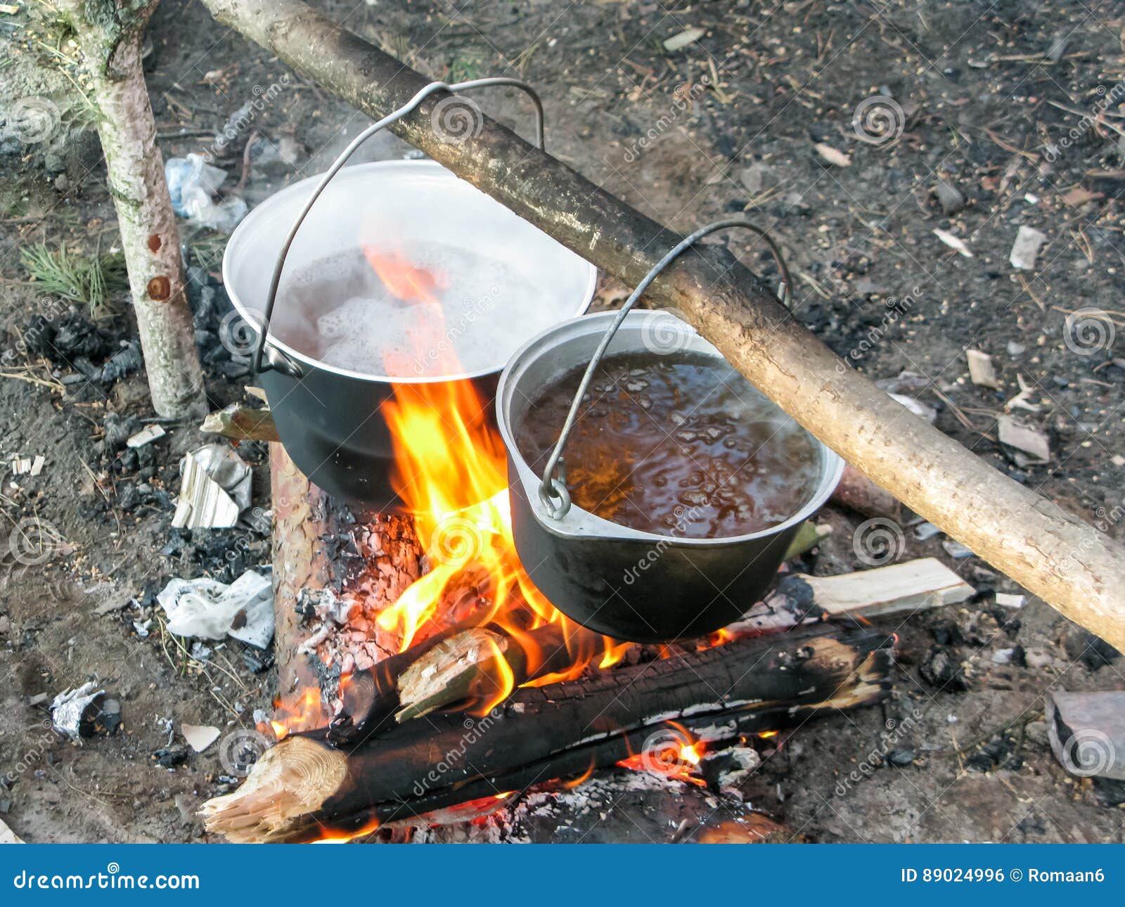 Tourist Fire with Cooking Pots with Boiling Water. Stock Photo - Image ...