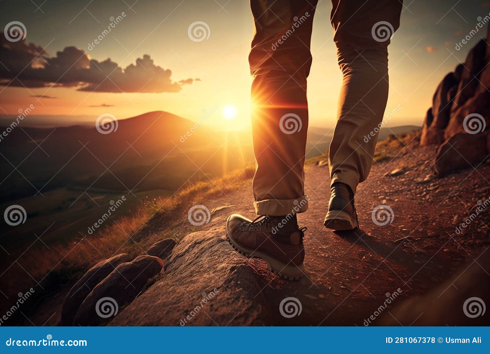 Tourist Hiking Uphill at Sunset. AI Stock Illustration - Illustration of adventure, nature ...