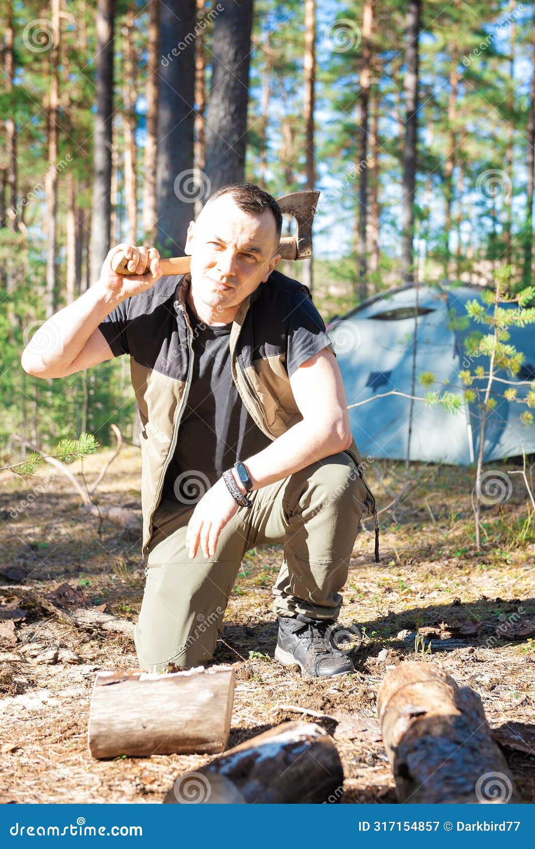 Tourist Man Chops Tree in Forest with Sharp Ax Stock Image - Image of ...