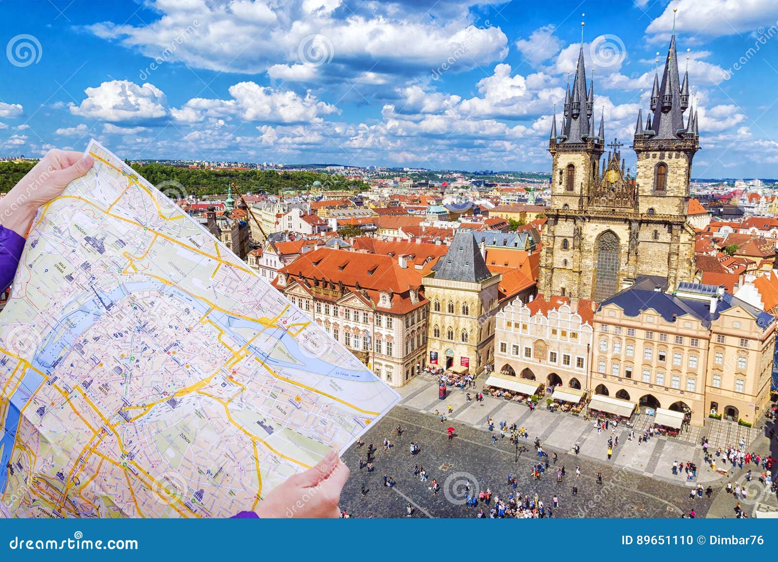 Tourist Map of Prague Against the Background of the Old Town Square in ...