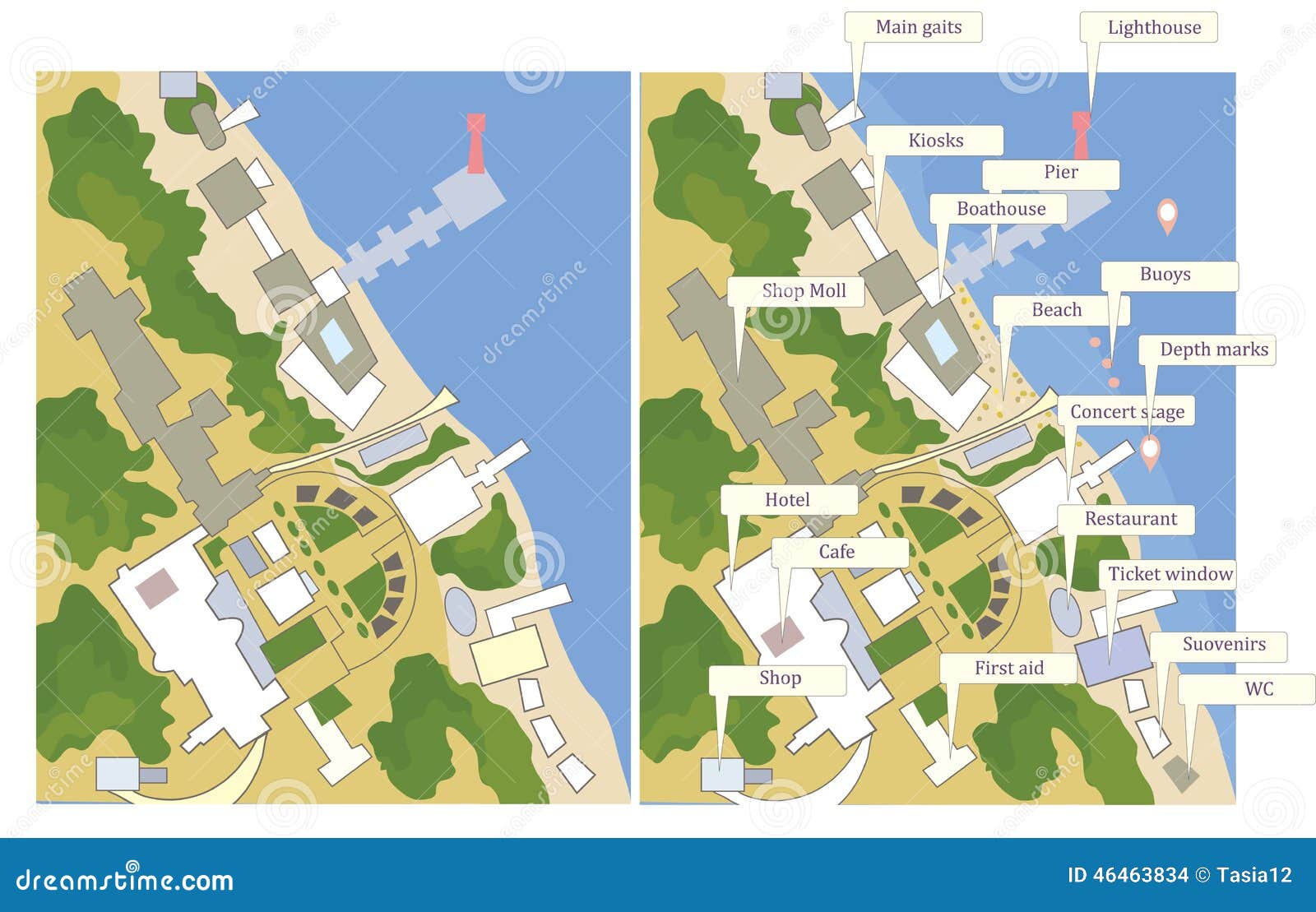 Tourist Map with Sea Line, Streets, Marks Stock Vector - Illustration ...
