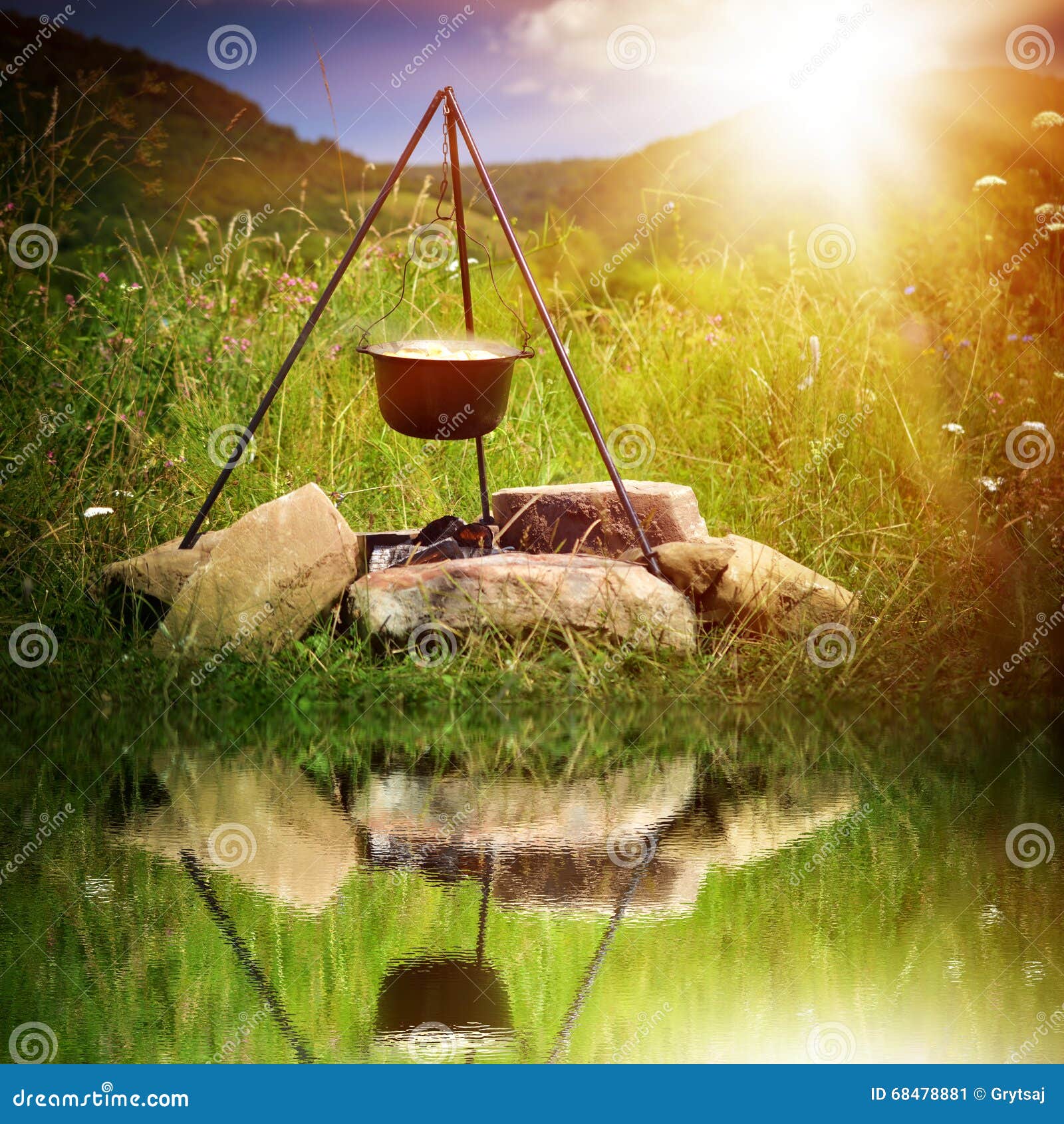 Tourist Pot Hanging Over the Fire on a Tripod Stock Image - Image of ...