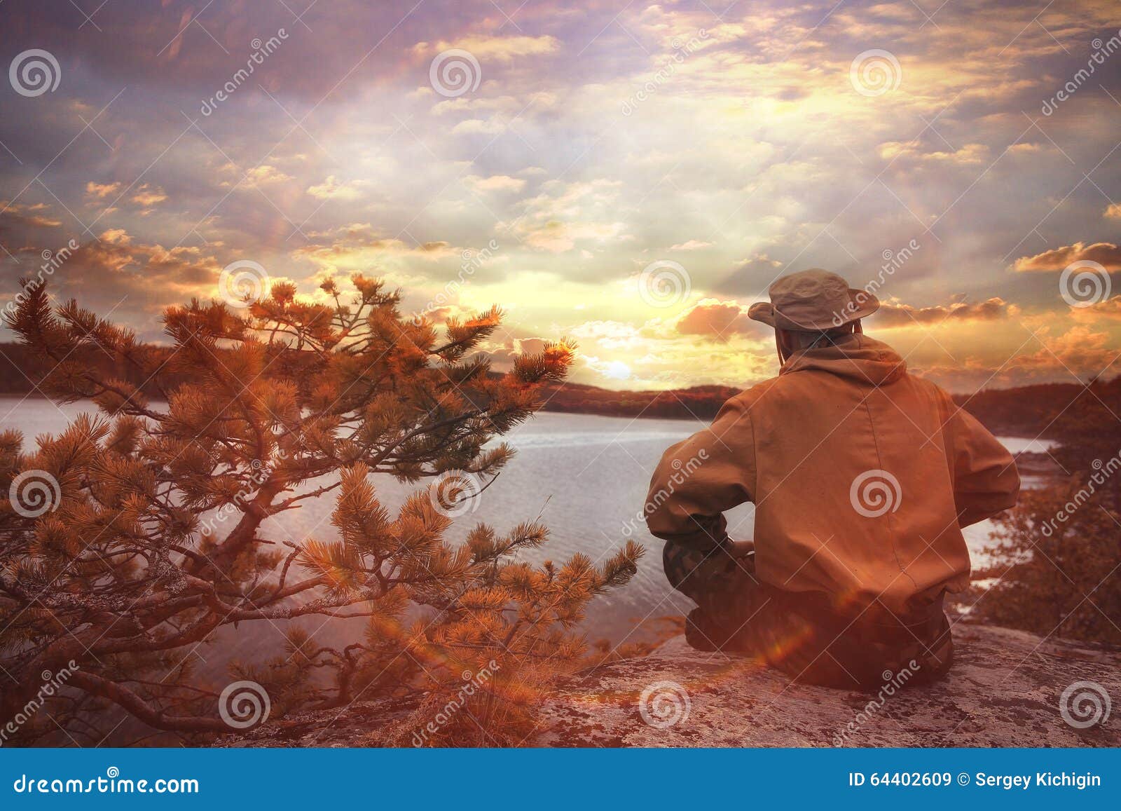 Tourist Resting in Mountains at Sunset Stock Image - Image of rest ...
