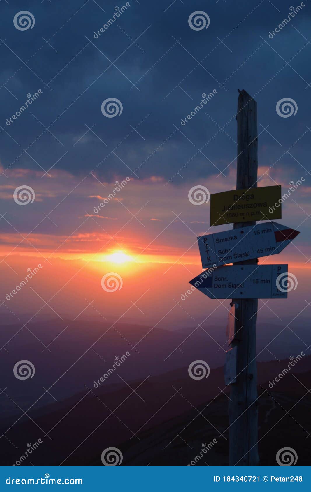 Tourist Signpost on a Mountain Road at Sunset Stock Image - Image of ...