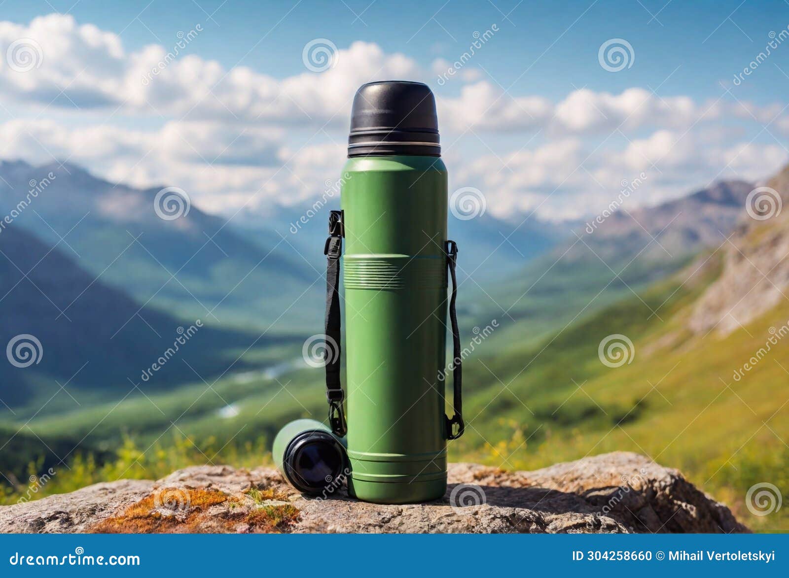 Tourist Thermos on a Background of Mountains on a Hike Stock ...