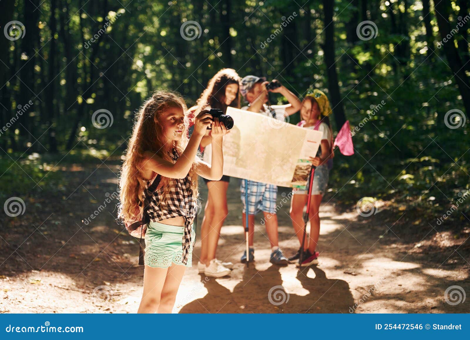 With Touristic Equipment. Kids Strolling in the Forest Stock Photo ...