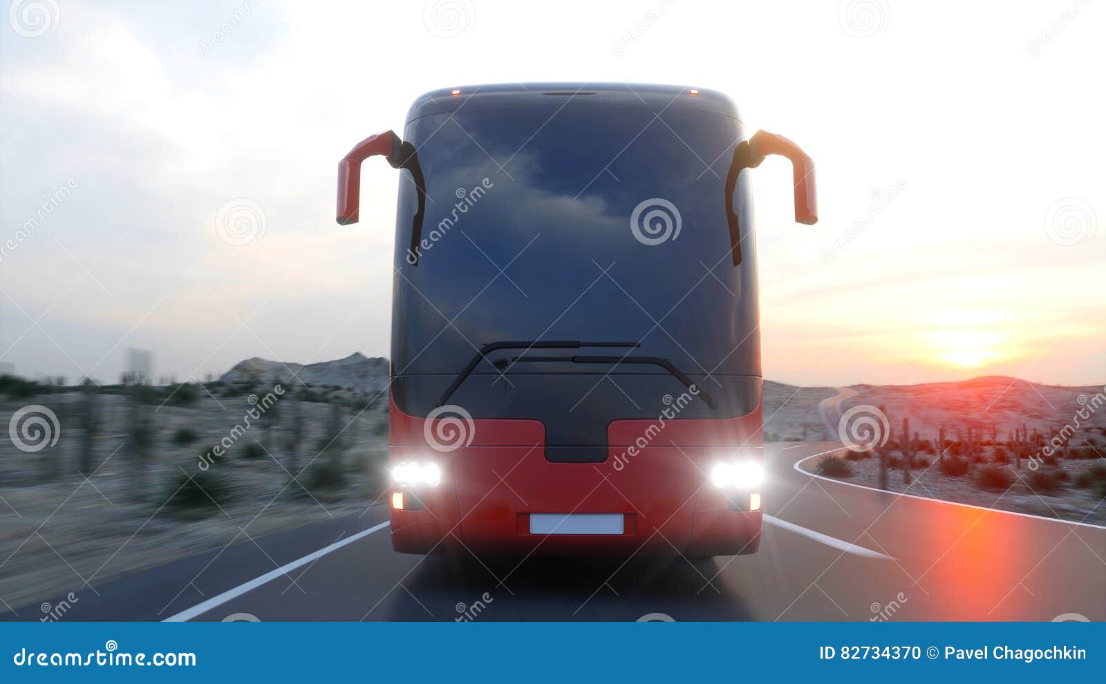 Touristic Red Bus on Highway. Fast Driving. Realistic 3d Rendering ...