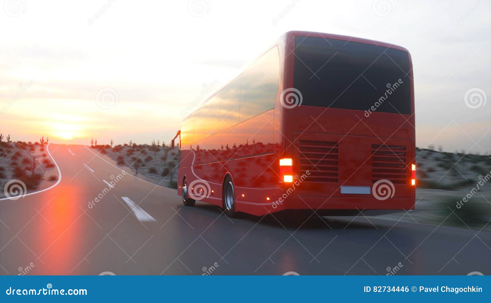 Touristic Red Bus on Highway. Fast Driving. Realistic 3d Rendering ...