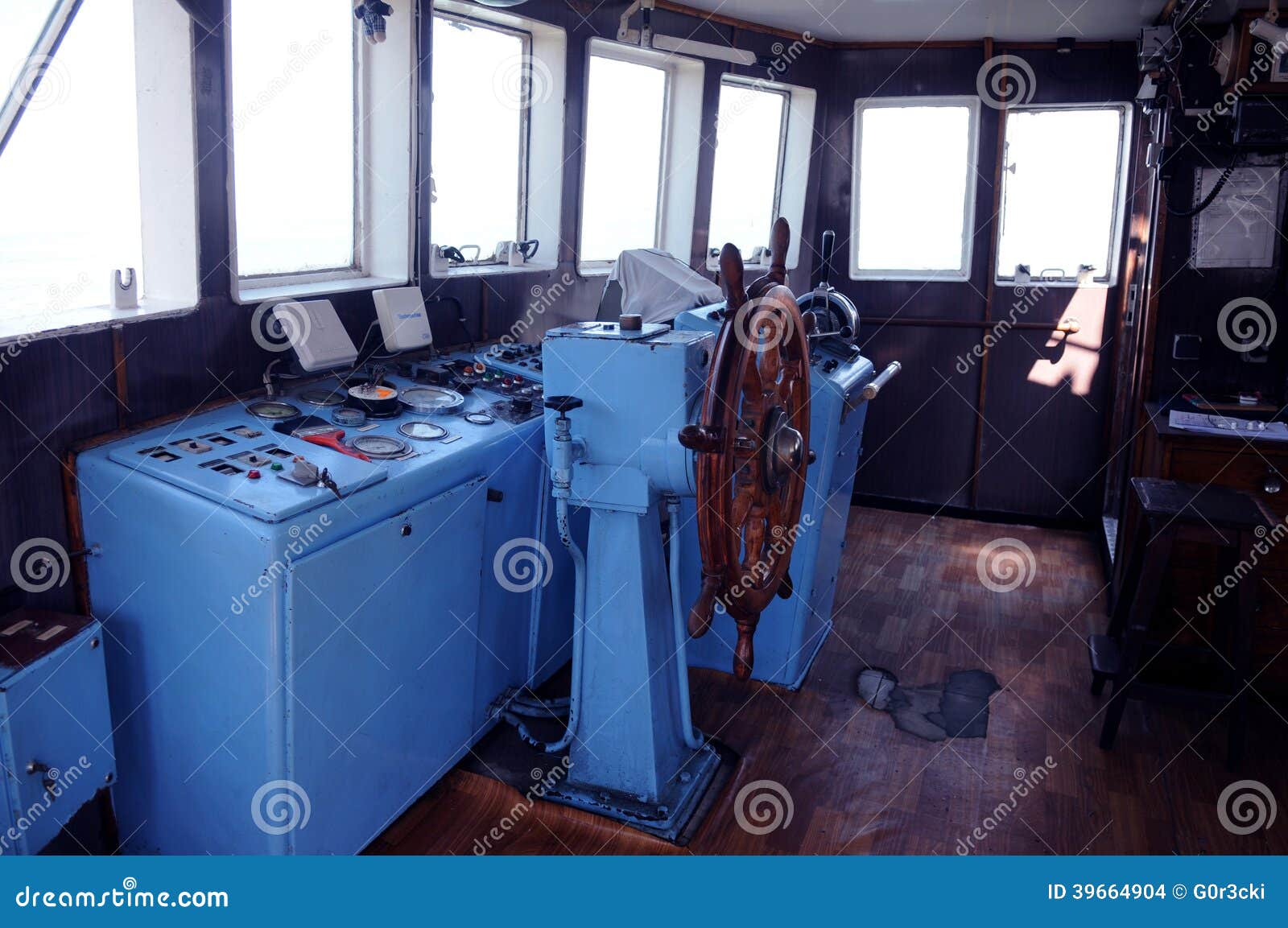 Old Tow-Boat Cabin - Wooden Wheel and Dashboard Stock Photo - Image of ...
