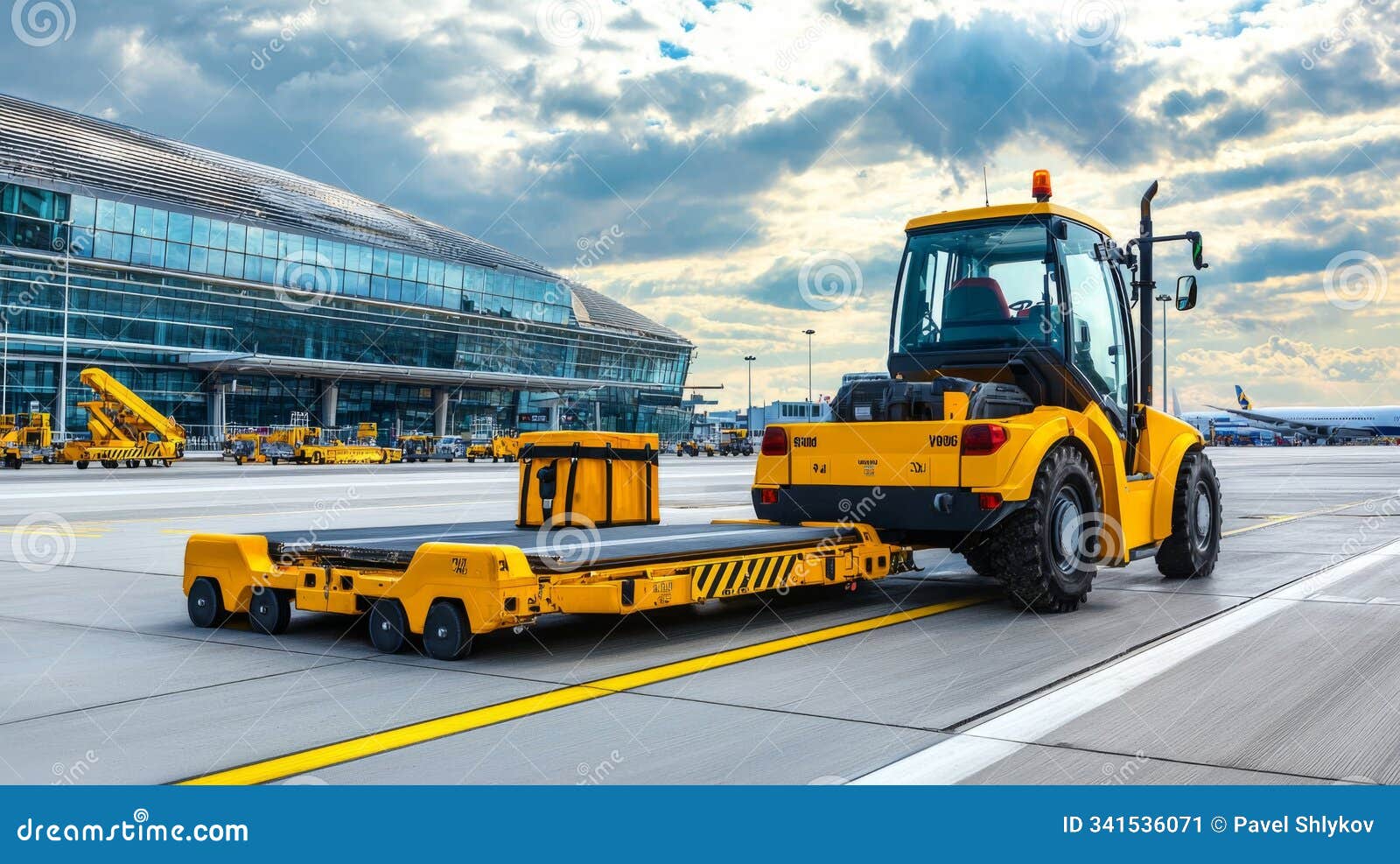 Tow Tractor Pulling Luggage Carts at Airport Apron Stock Image - Image ...