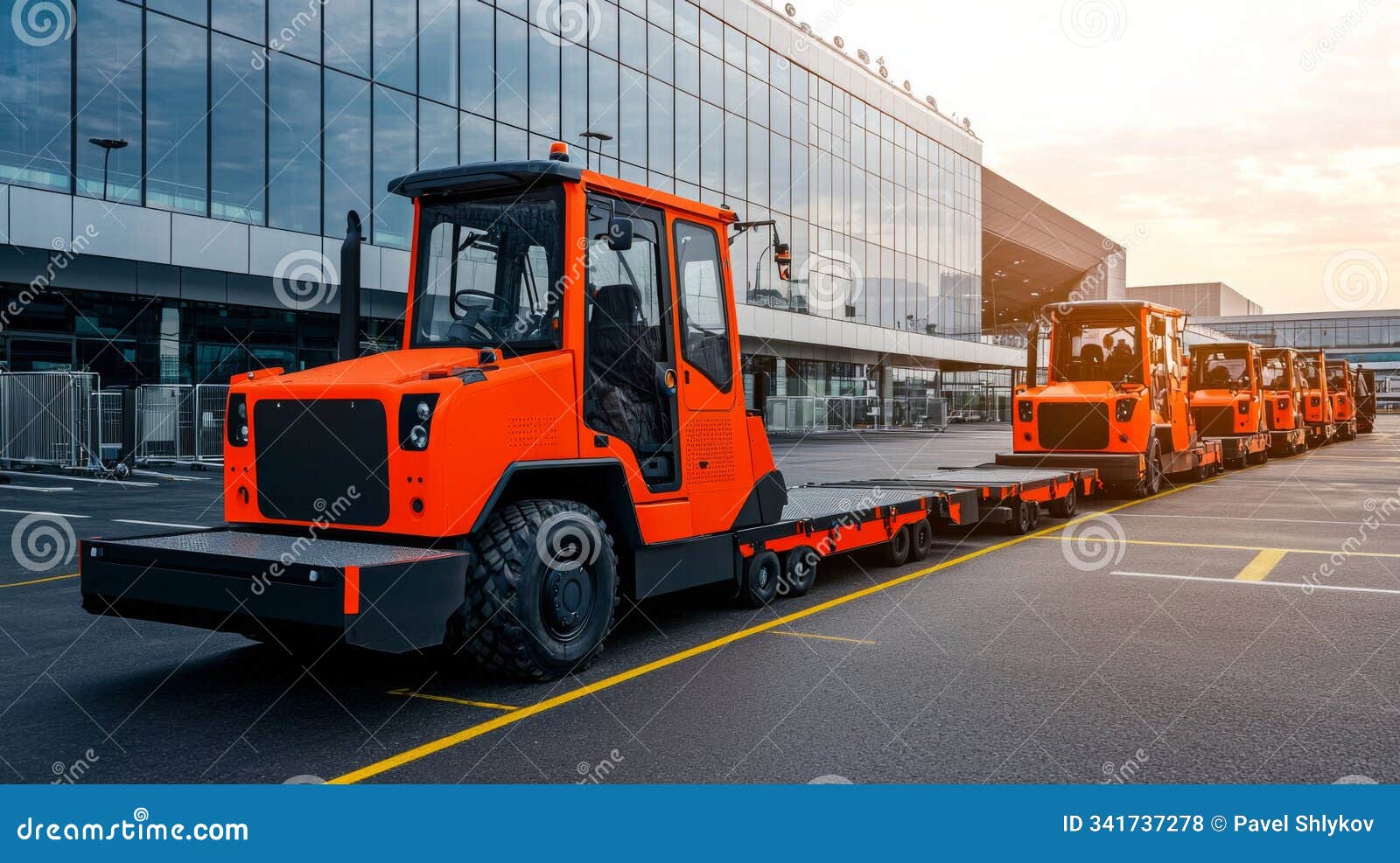 Tow Tractor Pulling Luggage Carts at Airport Apron Stock Photo - Image ...