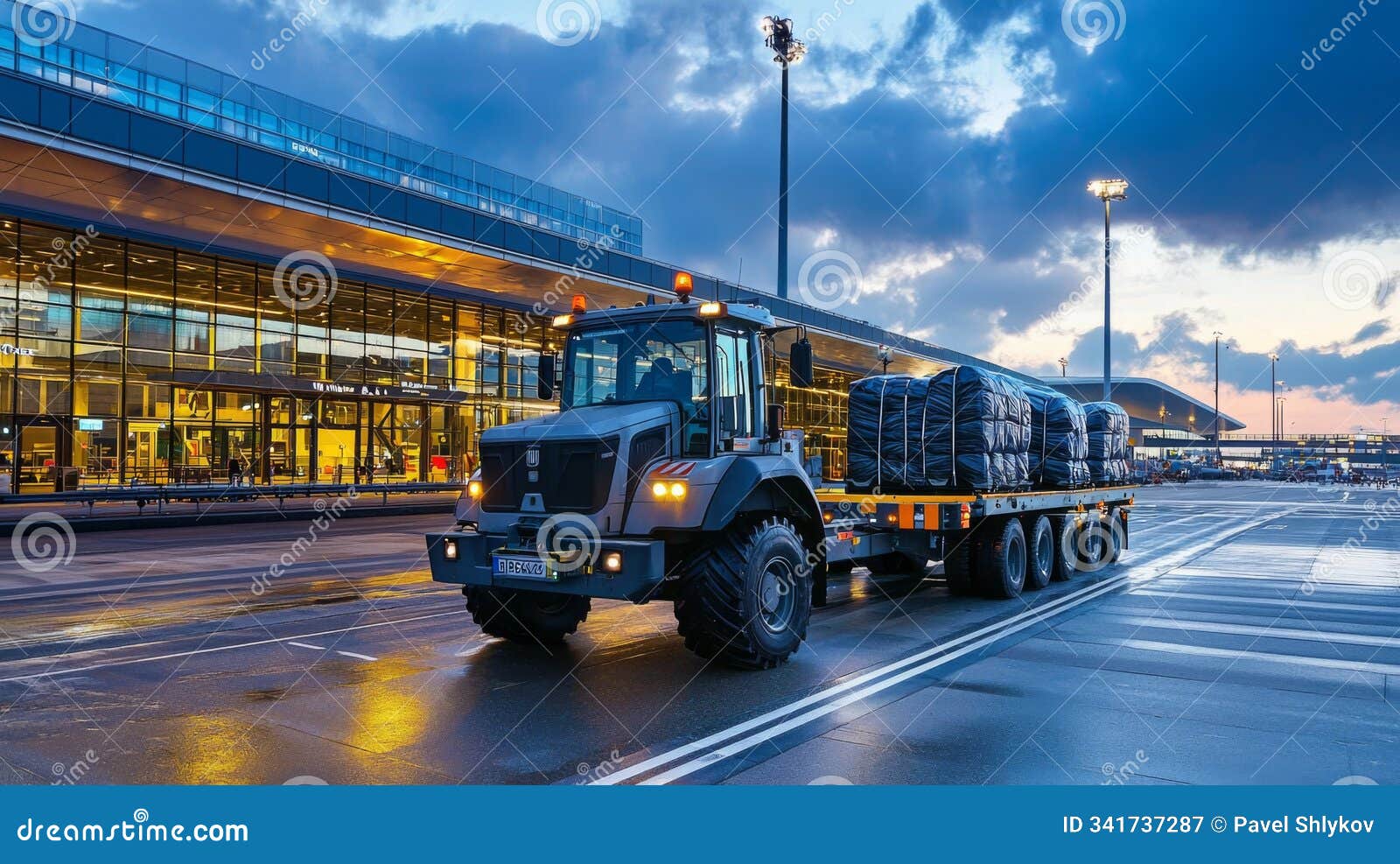 Tow Tractor Pulling Luggage Carts at Airport Apron Stock Image - Image ...