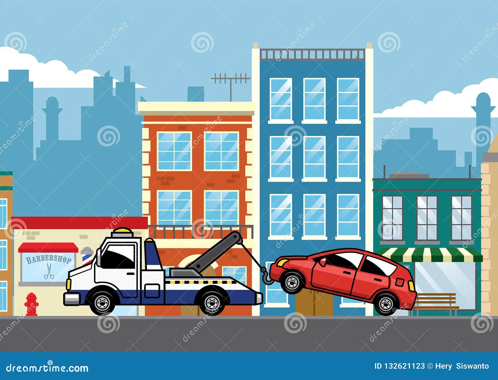 Towing truck pulling car stock vector. Illustration of cityscape ...