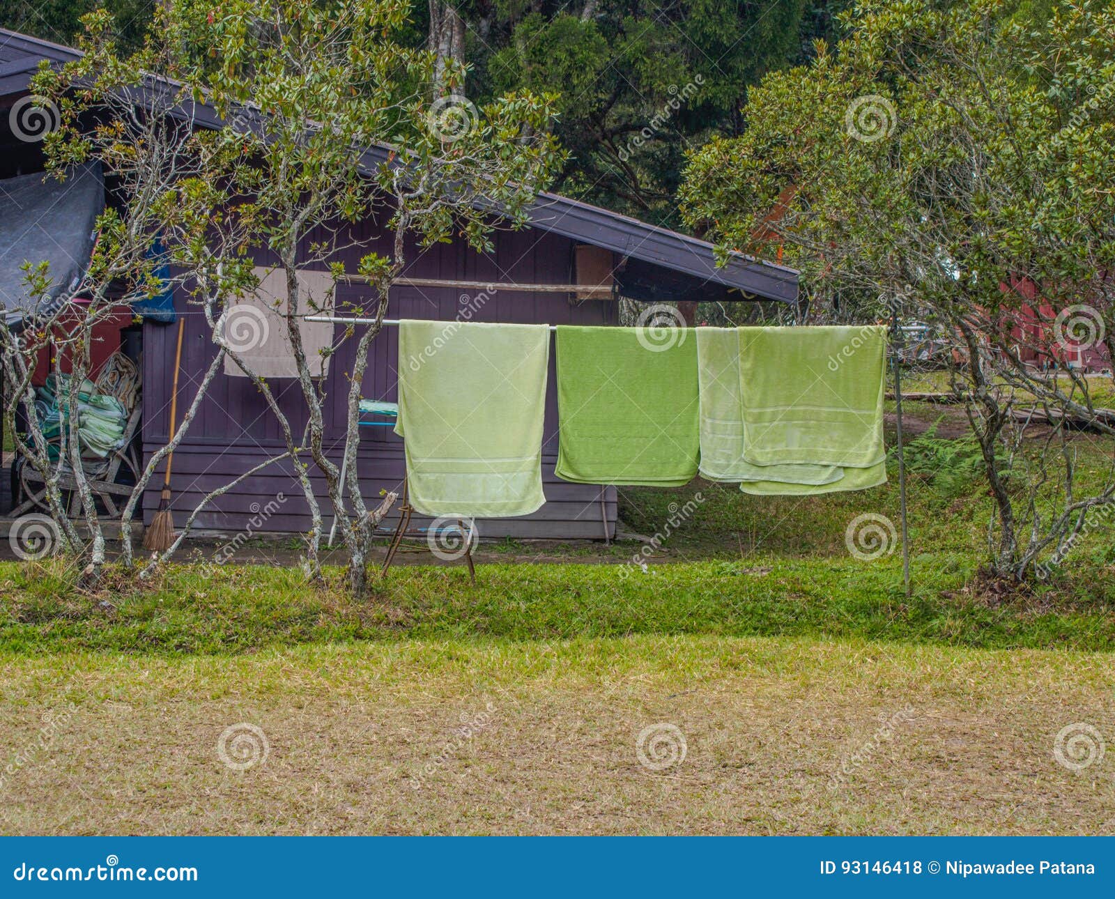 Towels Drying on the Iron Railing Stock Photo - Image of summer ...