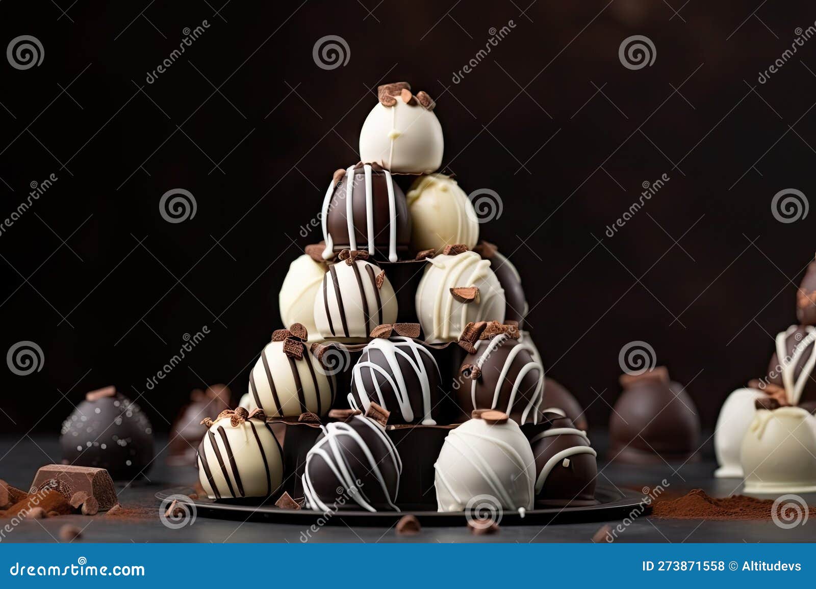 Tower of Assorted Chocolate Truffle with Drizzle of Melted White and ...