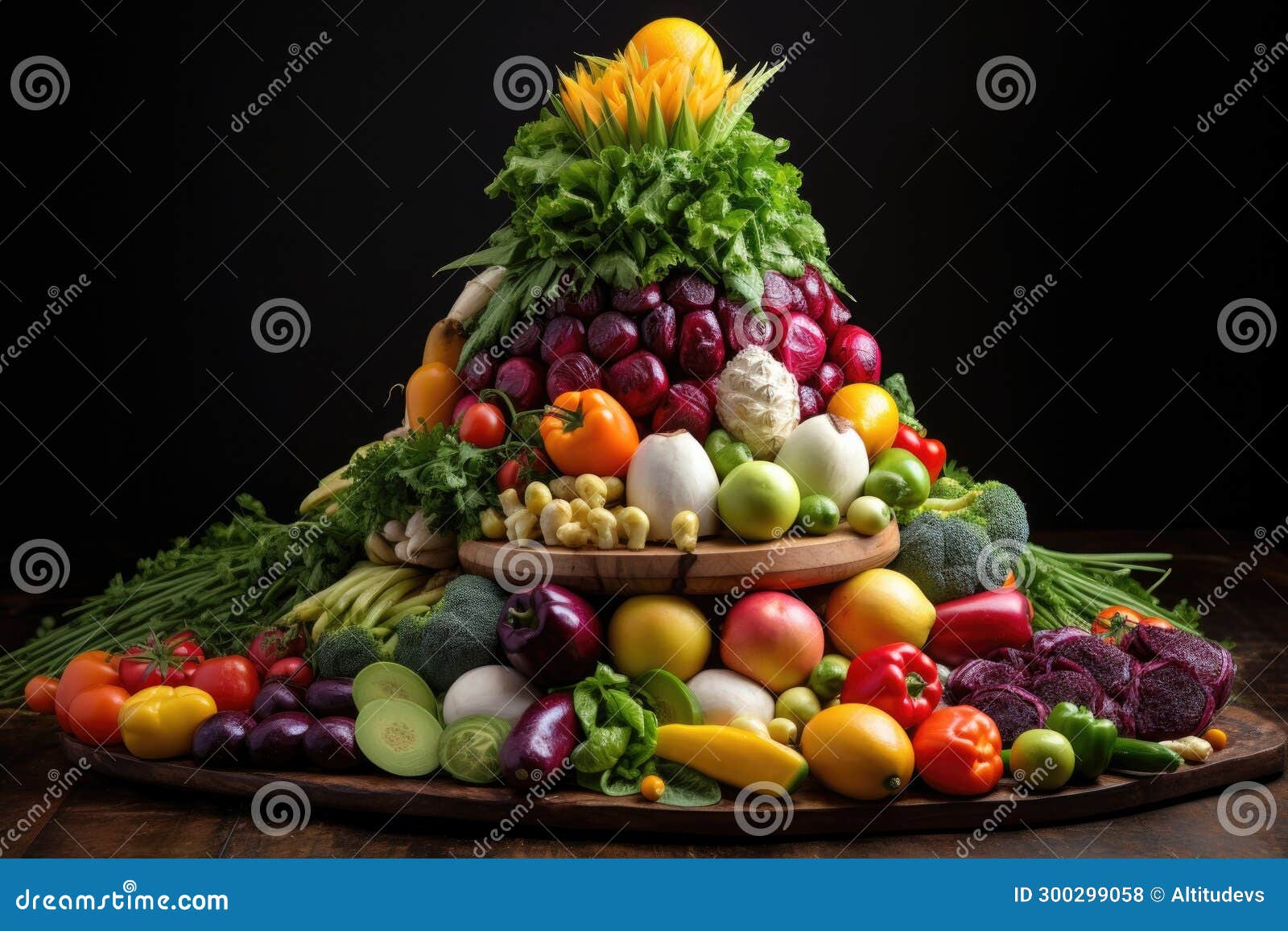 A Tower of Assorted Fruits and Veggies Mimicking a Pyramid Stock Photo ...
