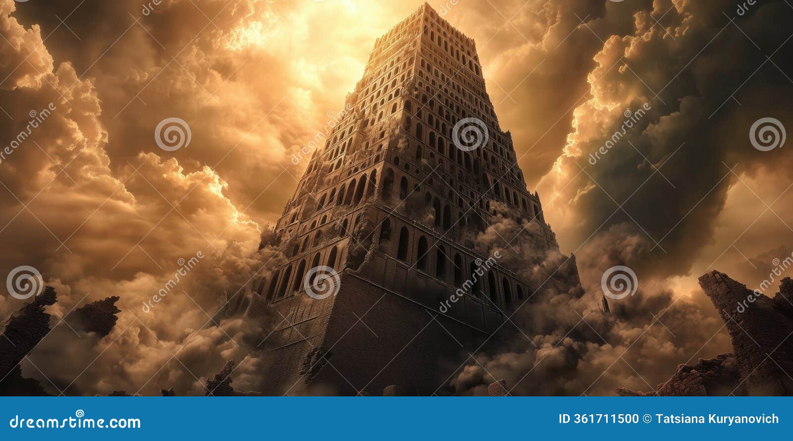 Tower of Babel in Ruins Under Dramatic Sky with Clouds and Sunlight ...