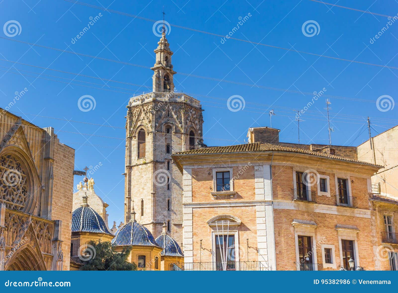 Tower and Blue Domes of the Cathedral of Valencia Stock Photo - Image ...