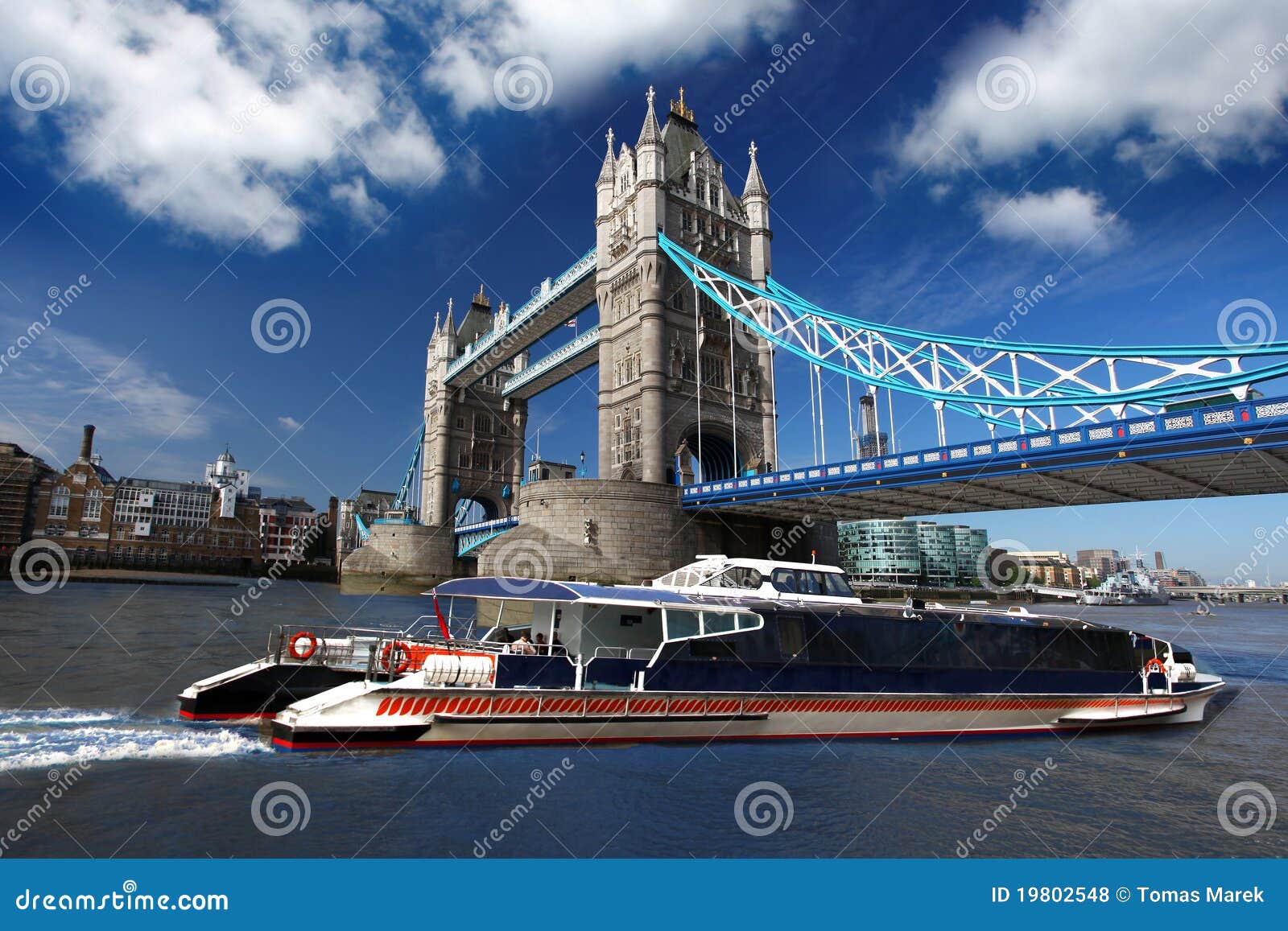 Tower Bridge with Boat, London, UK Stock Photo - Image of morning ...