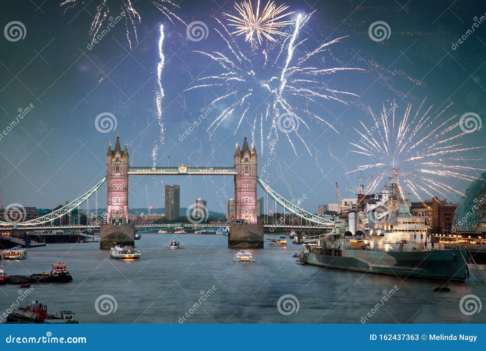Tower Bridge with Fireworks, Celebration of the New Year in London, UK ...