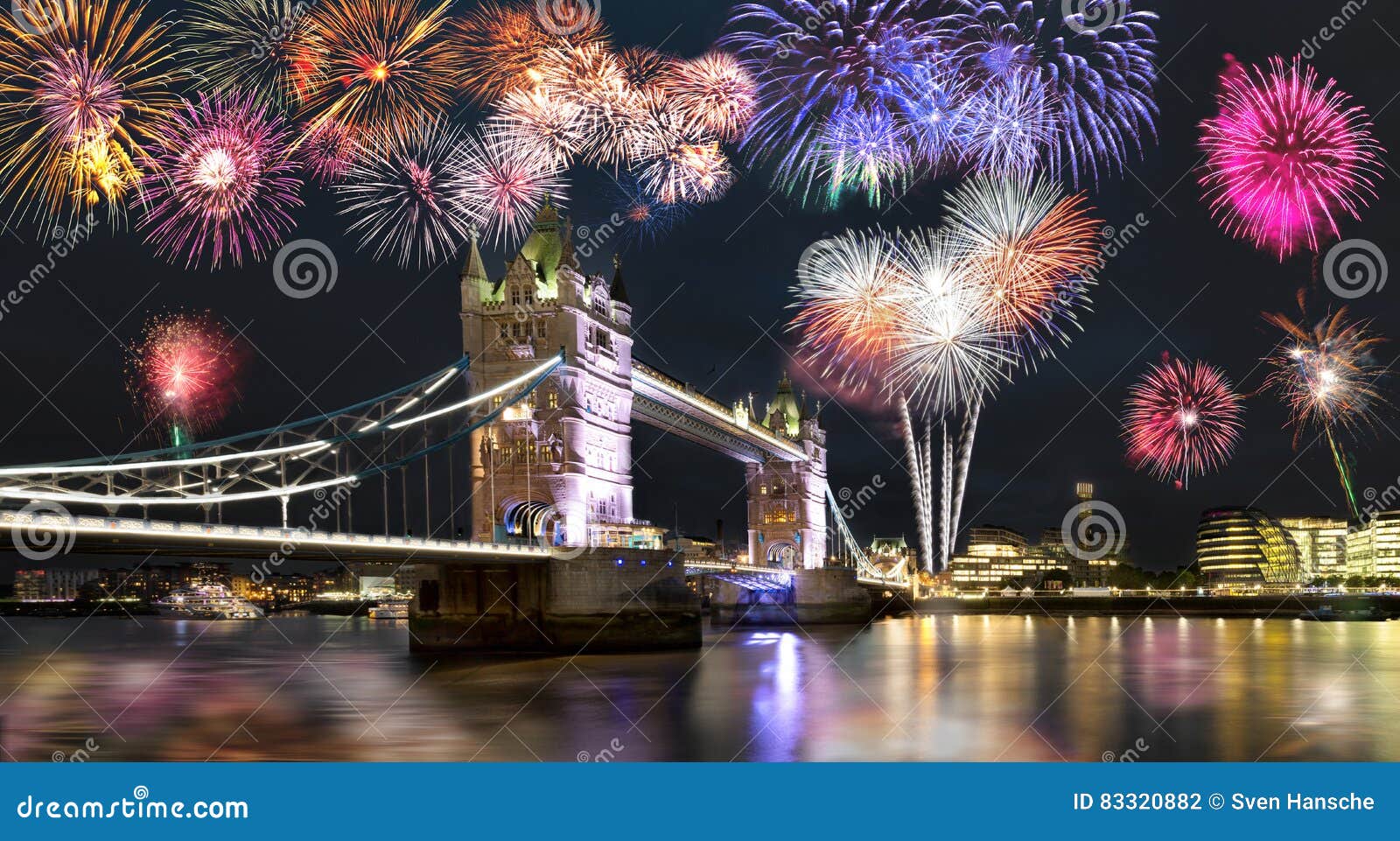 Tower Bridge in London with Fireworks Stock Photo - Image of attraction ...
