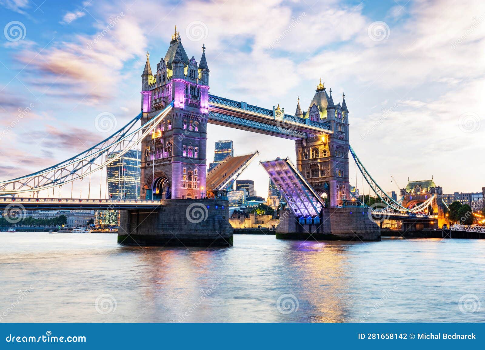 Tower Bridge in London, the UK at Sunset. Drawbridge Opening Stock ...