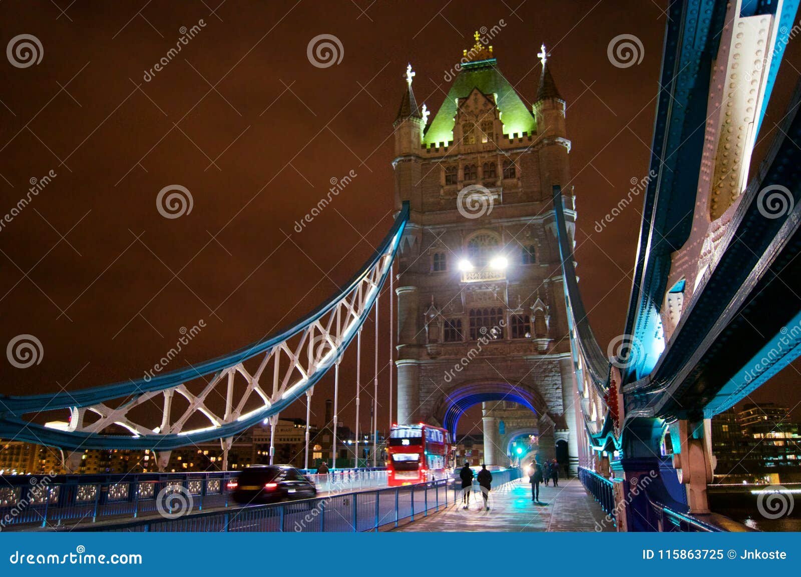 Tower Bridge at Night a View with Bus Stock Image - Image of blue ...