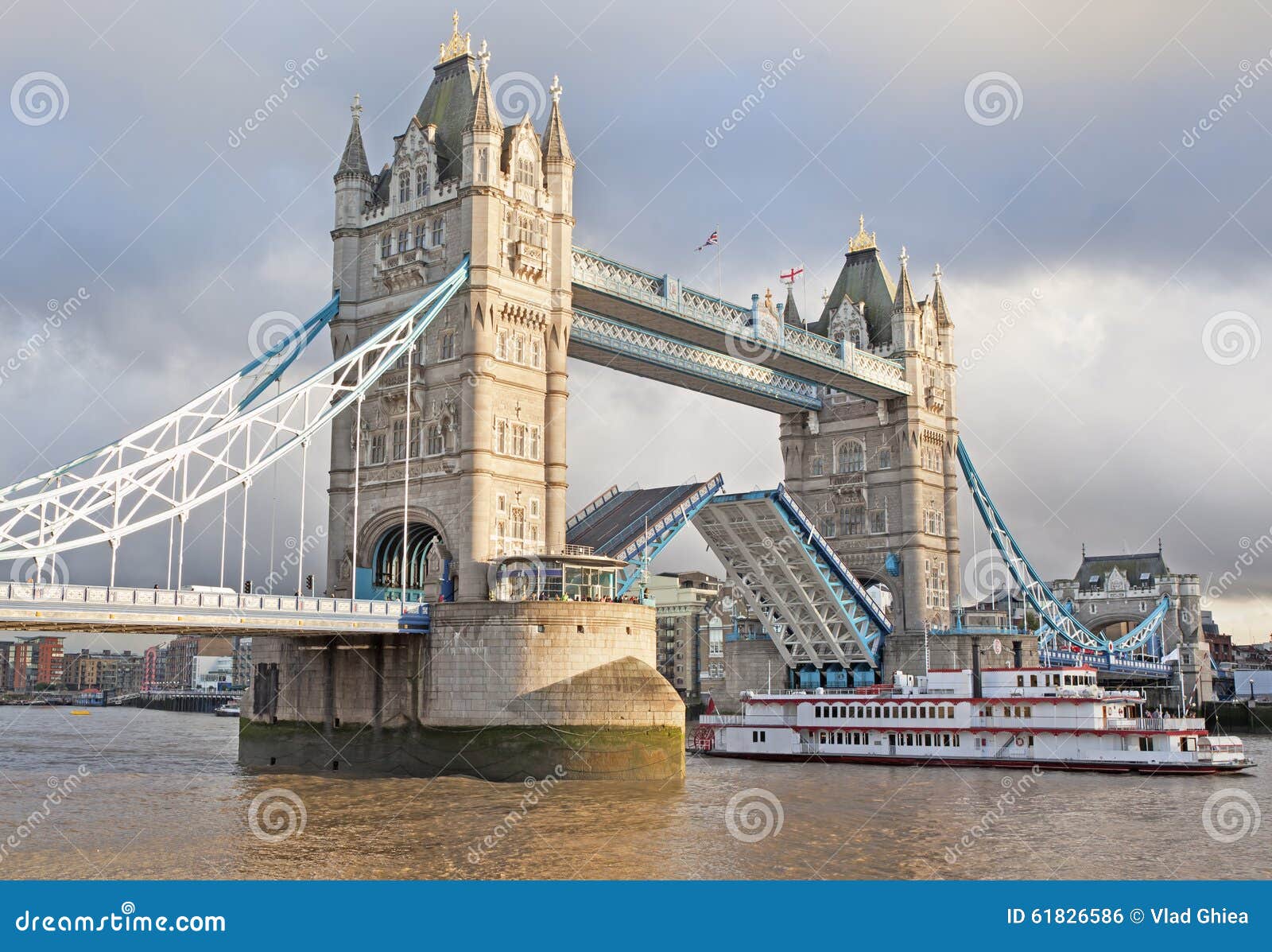 Tower Bridge Open and Boat Passing through, London, England Stock Photo ...