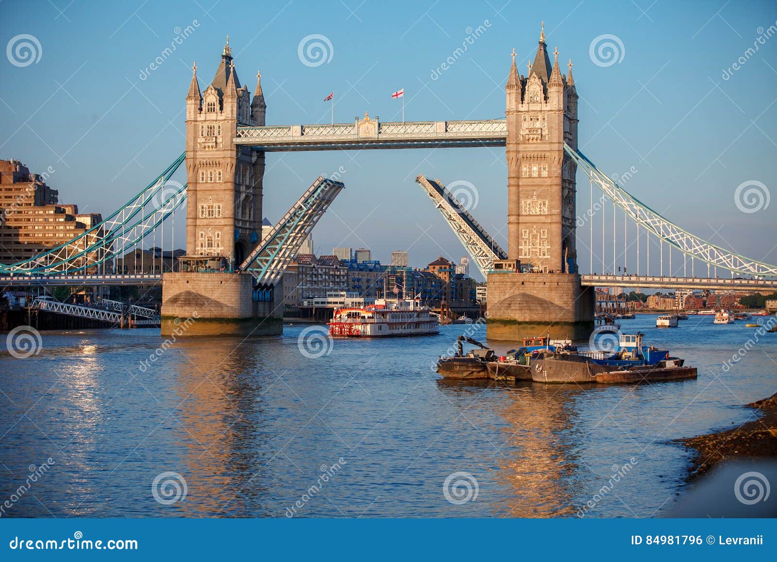 Tower Bridge Raised To Let Ship Pass through. London Stock Photo ...