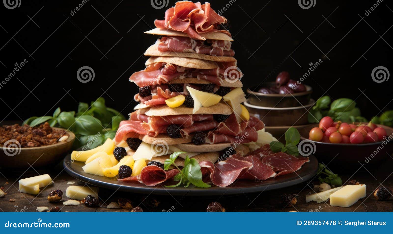 A Tower of Cheese, Meat, and Fruit on a Plate. Generative AI Image ...