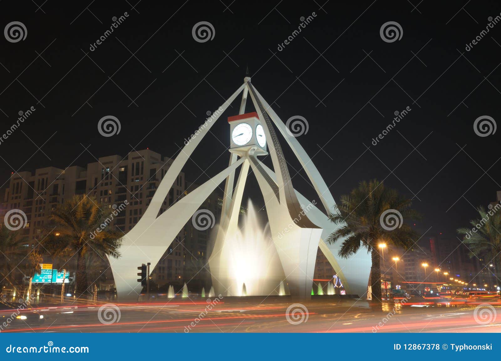 Tower Clock Roundabout, Dubai Stock Photo - Image of night, traffic ...