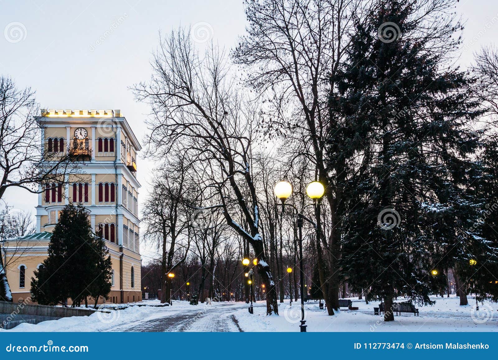 Clock Tower in the Park in Winter Time Stock Photo - Image of landmark ...