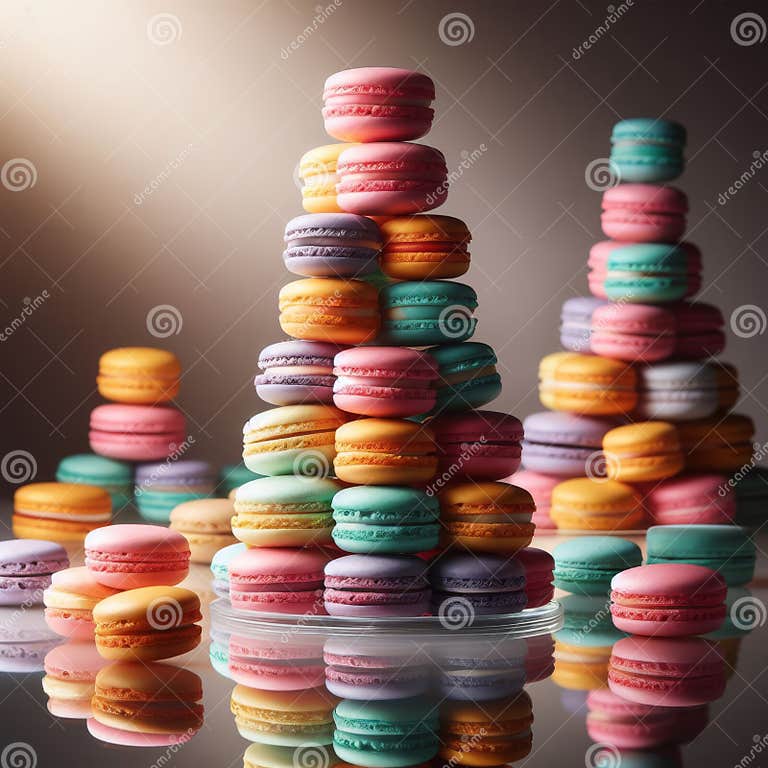 Tower of Colored Macaroons on a Reflective Surface Stock Illustration ...