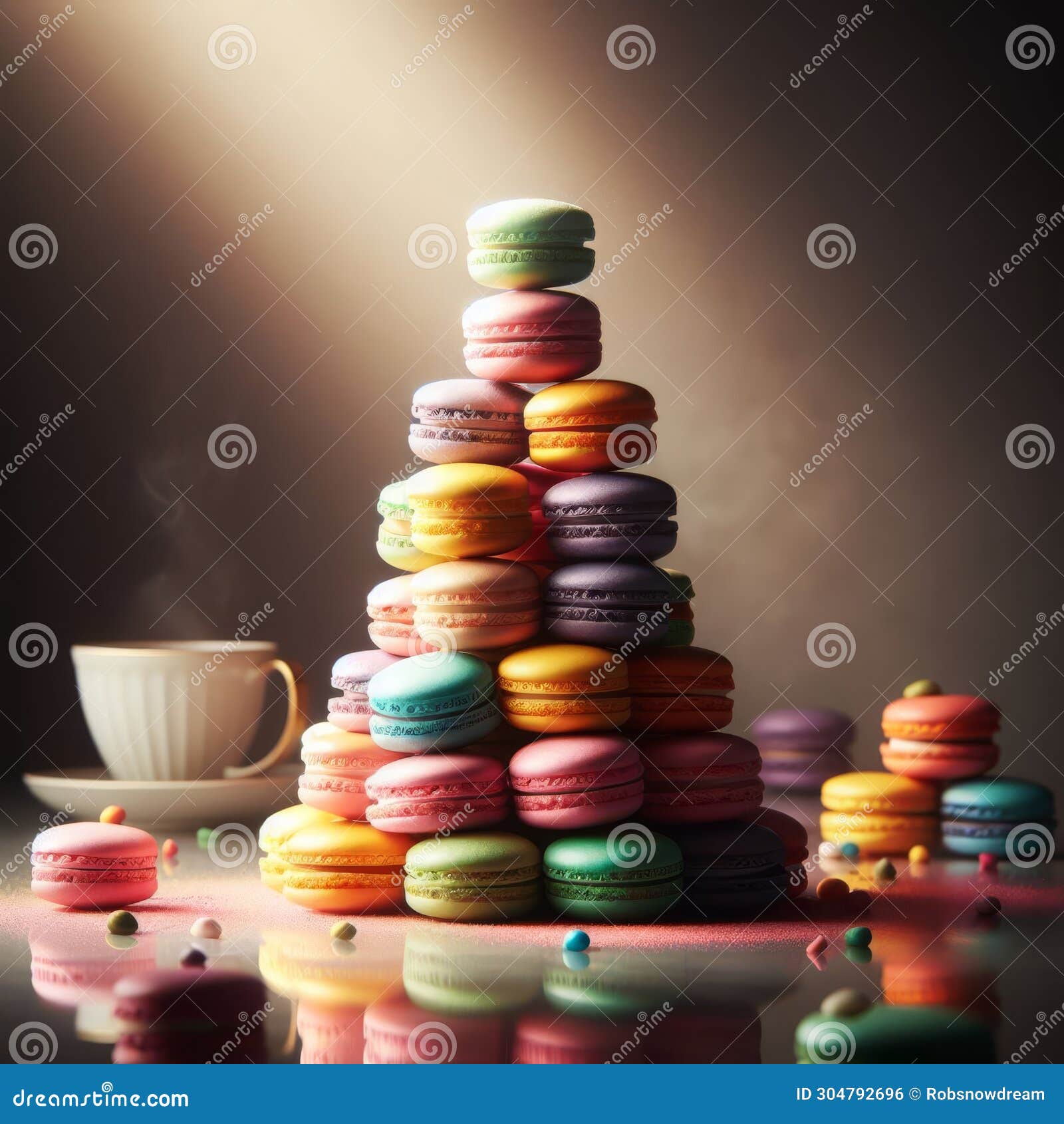 Tower of Colored Macaroons on a Reflective Surface Stock Illustration ...