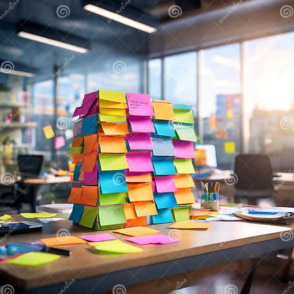 Tower of Colorful Sticky Notes in a Modern Office Setting Stock Photo ...