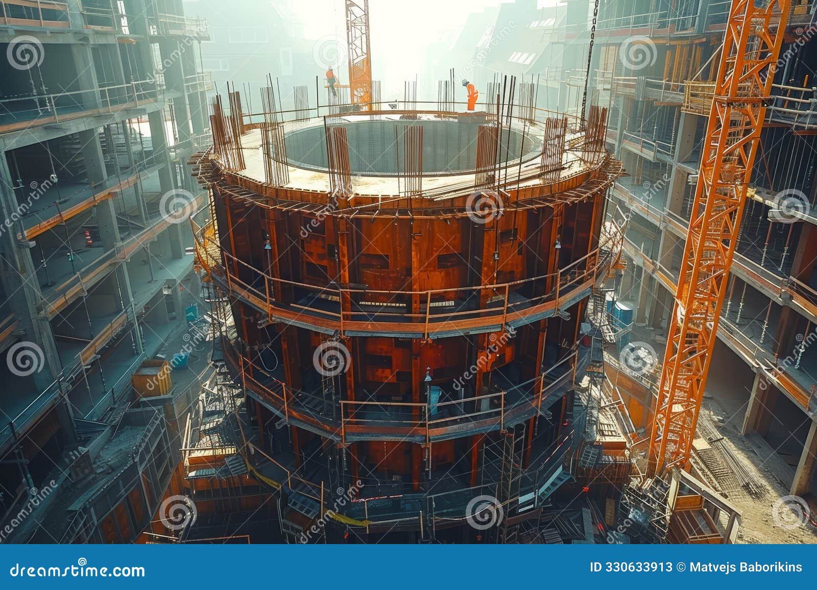 Tower Crane Constructing House on Sunny Day, Lifting Concrete Tank in ...