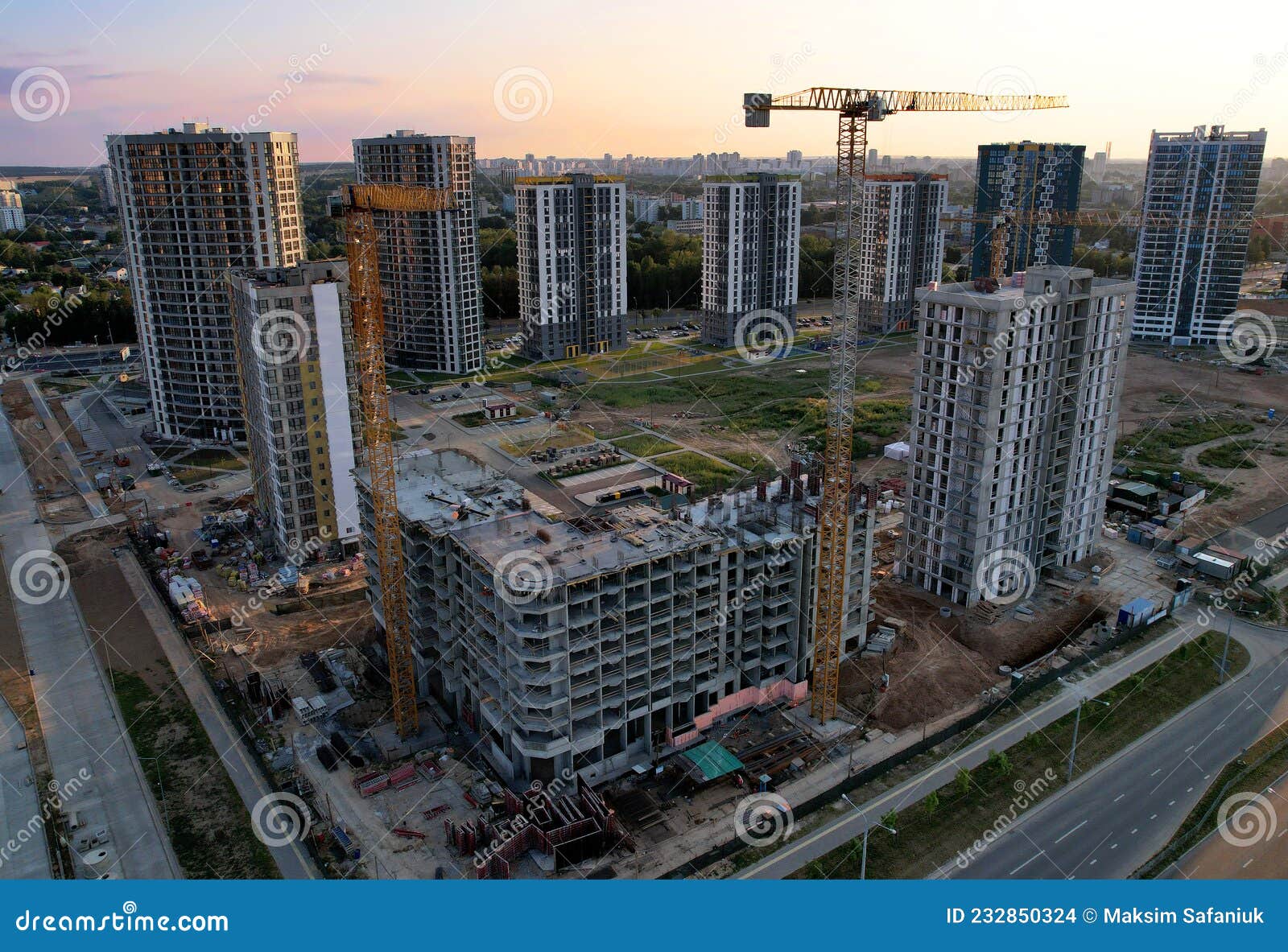 Tower Crane on Construction Site on Sunset Background. Arial View of ...