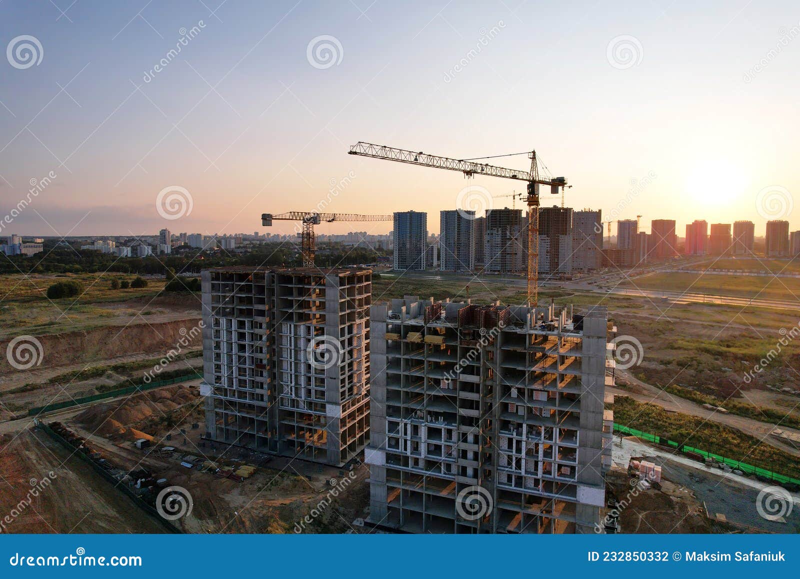 Tower Crane on Construction Site on Sunset Background. Arial View of ...