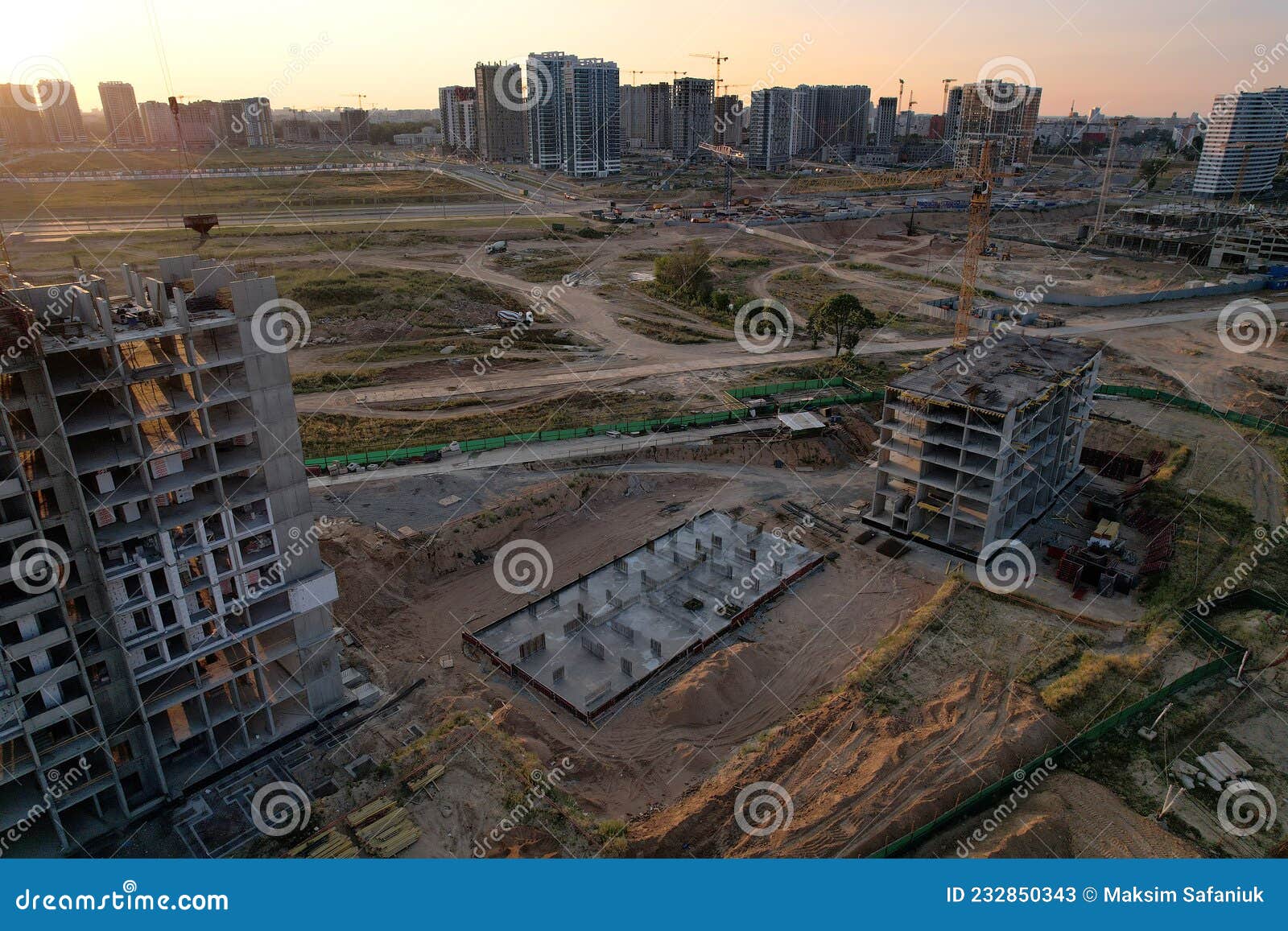 Tower Crane on Construction Site on Sunset Background. Arial View of ...