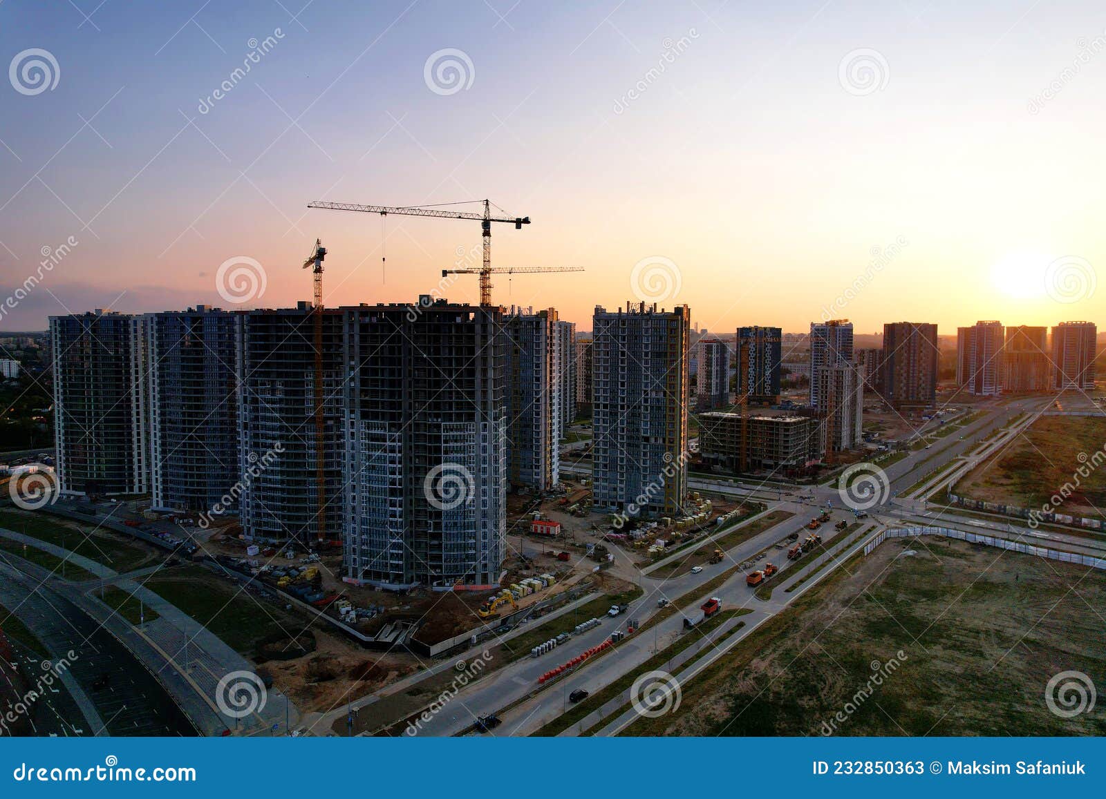 Tower Crane on Construction Site on Sunset Background. Arial View of ...