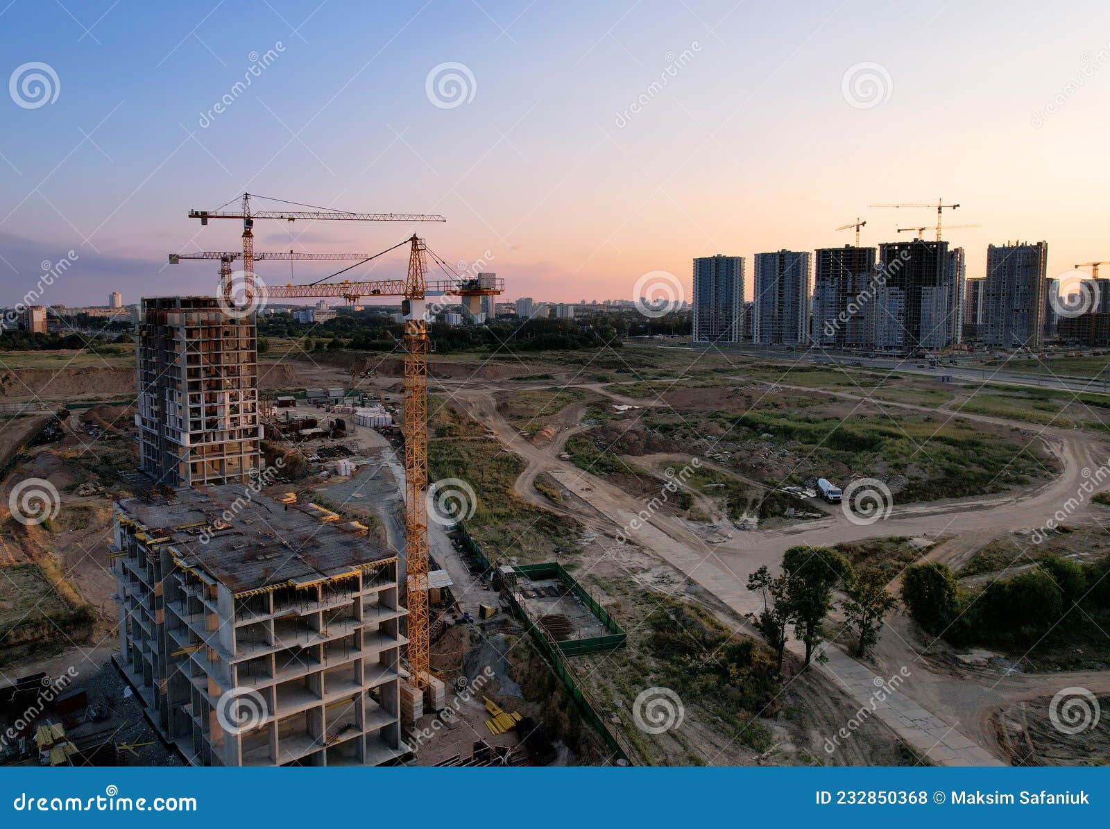 Tower Crane on Construction Site on Sunset Background. Arial View of ...