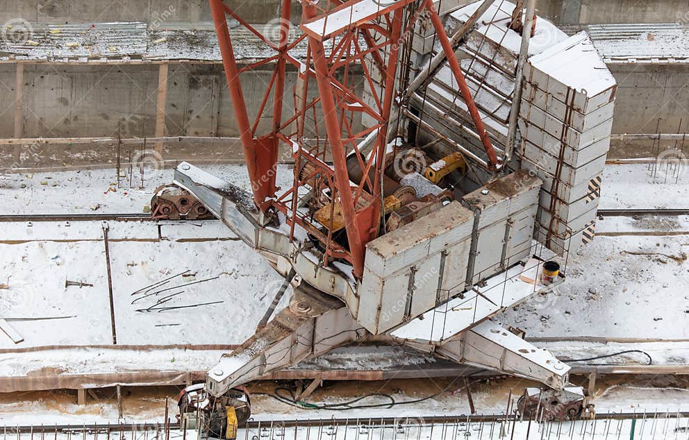 Tower Crane on Rails at a Construction Site in Winter Stock Image ...