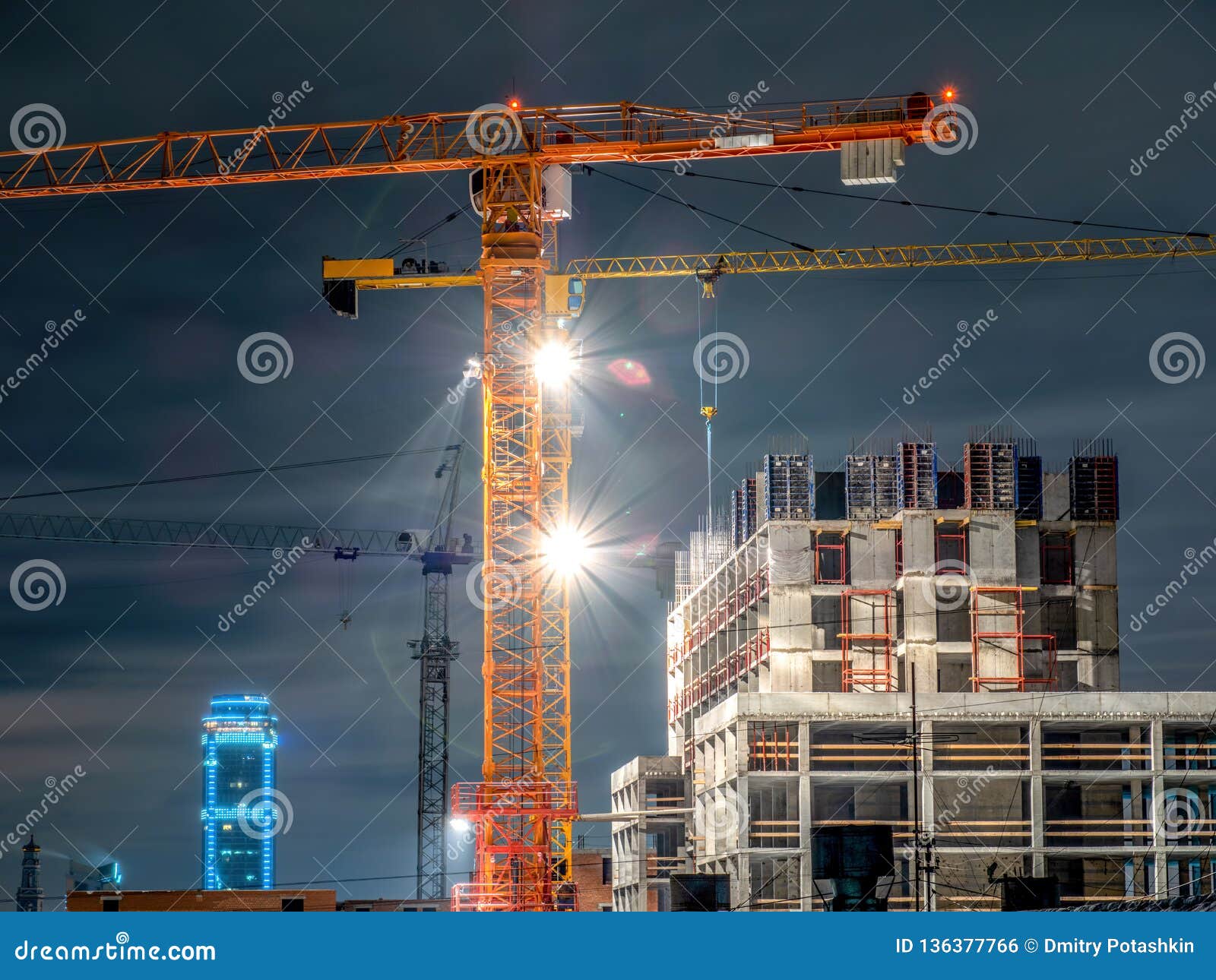 Tower Cranes at a Construction Site in the Night City Stock Photo ...